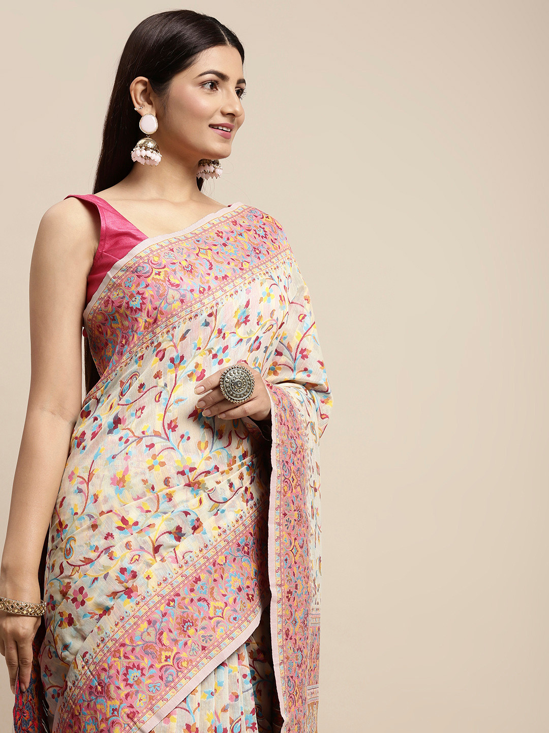 Buy AYKA CLOTHINGS Cream Coloured Floral Pure Cotton Patola Saree ...