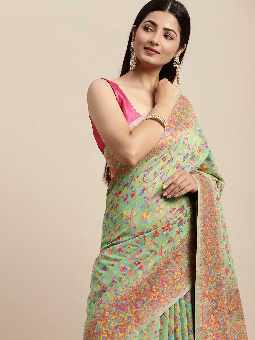 Buy AYKA CLOTHINGS Sea Green Floral Pure Cotton Patola Saree - Sarees ...