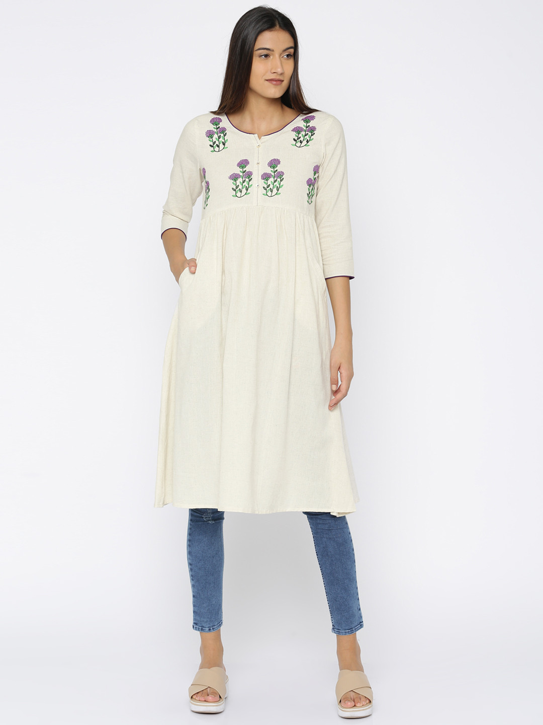 Buy Anouk Women Beige Embroidered A Line Kurta - Kurtas for Women ...