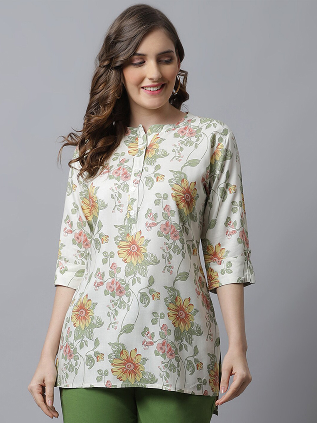 Buy Pistaa Women White & Green Floral Printed Kurti - Kurtis for Women ...