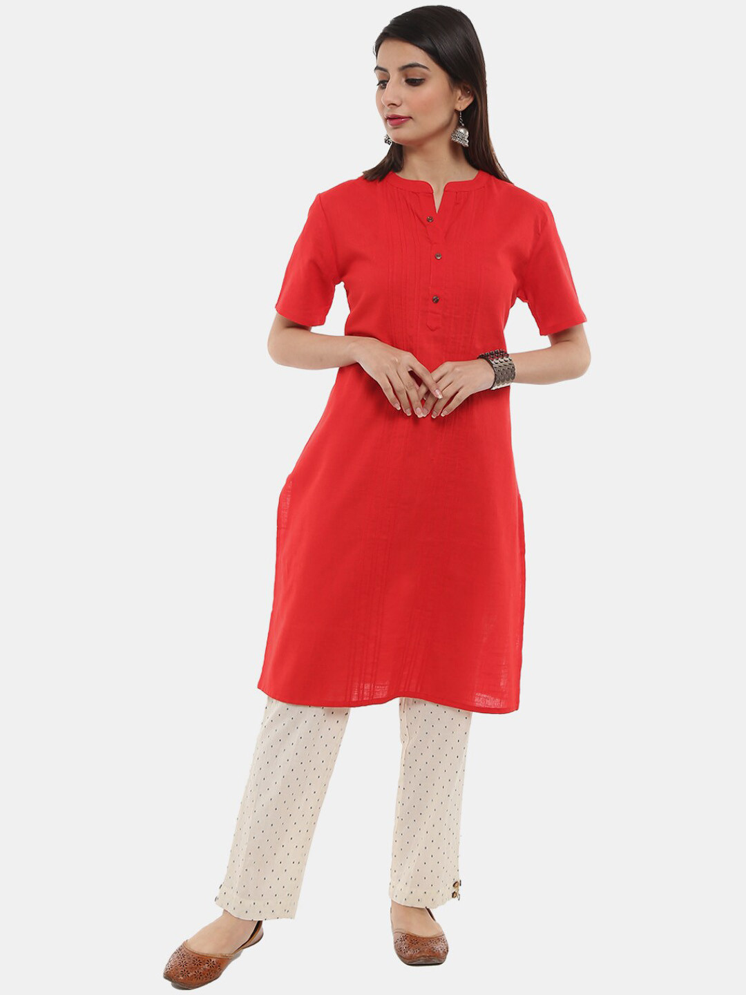 Buy V Mart Women Red Solid Mandarin Collar A Line Kurta - Kurtas for ...