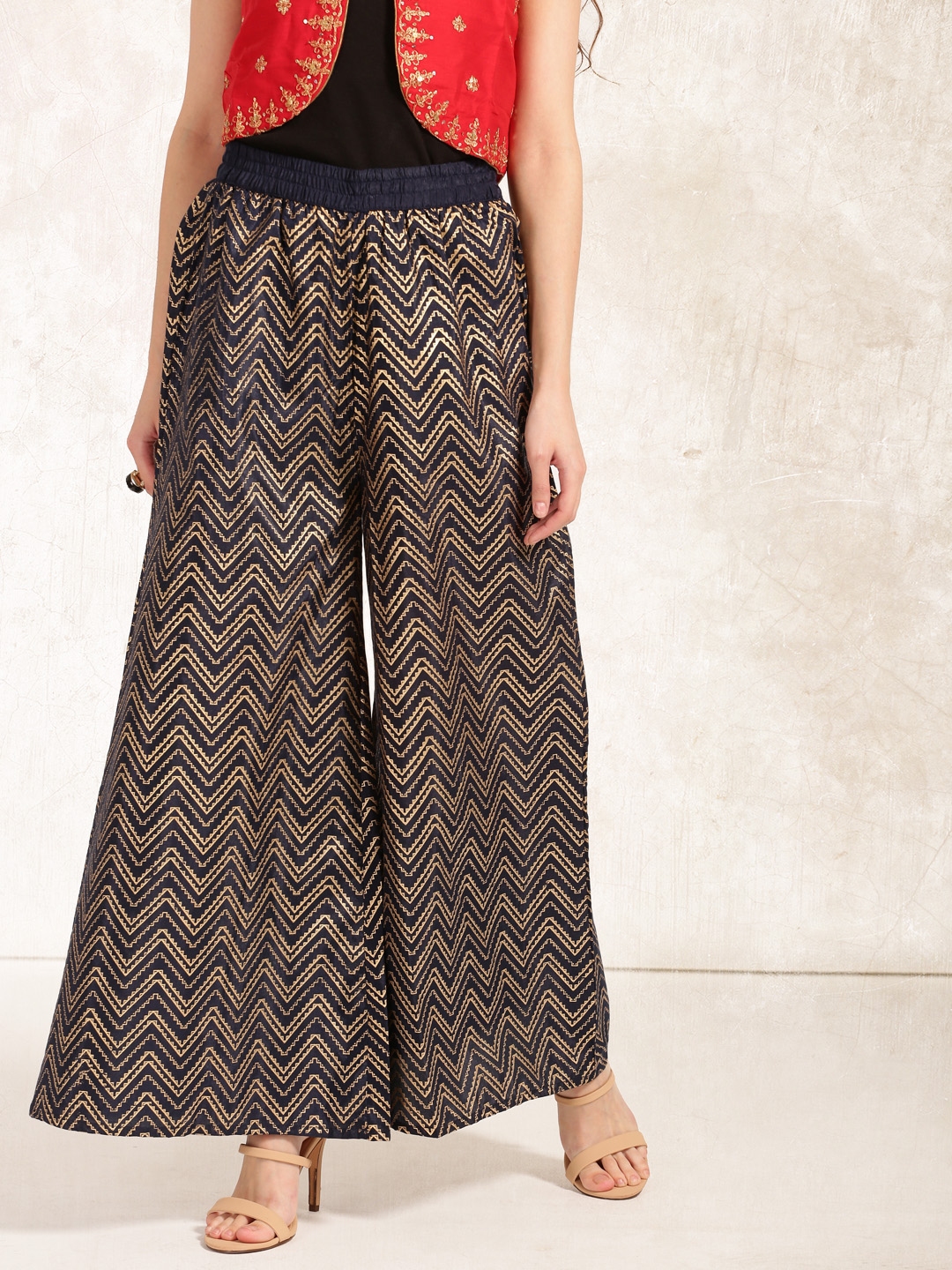 Buy Anouk Women Navy Blue And Gold Toned Printed Wide Leg Palazzos