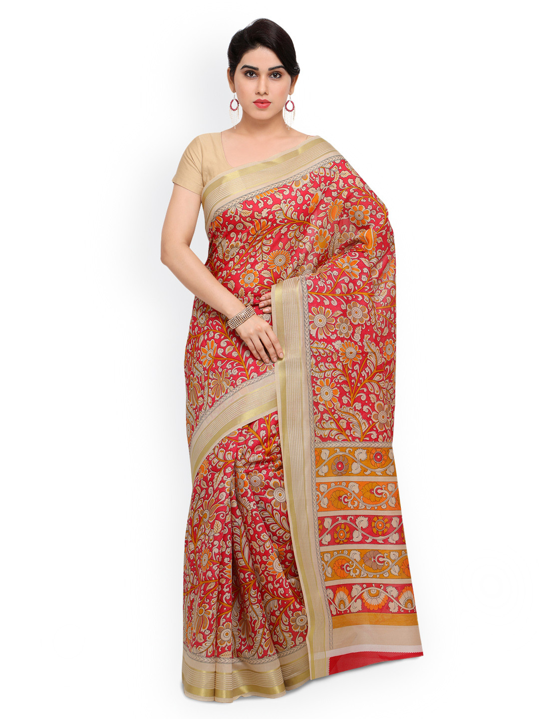Buy Saree Mall Red Kalamkari Print Art Silk Saree - Sarees for Women ...