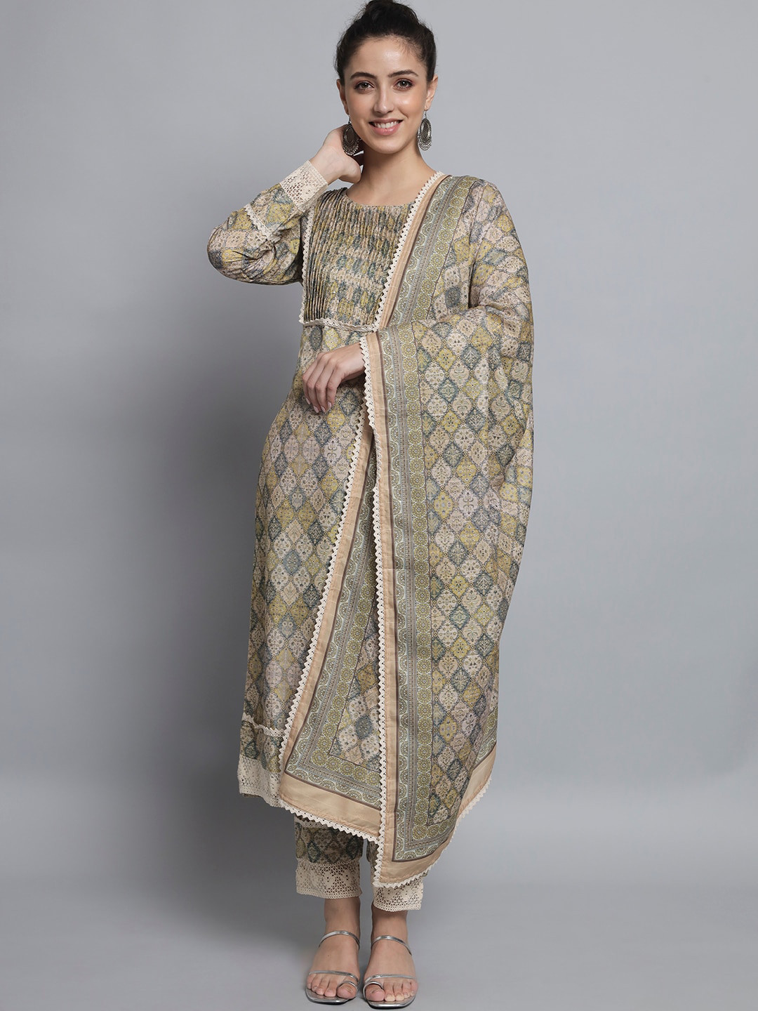 Buy Silai Bunai Women Olive Green Ethnic Motifs Printed Kurta With ...