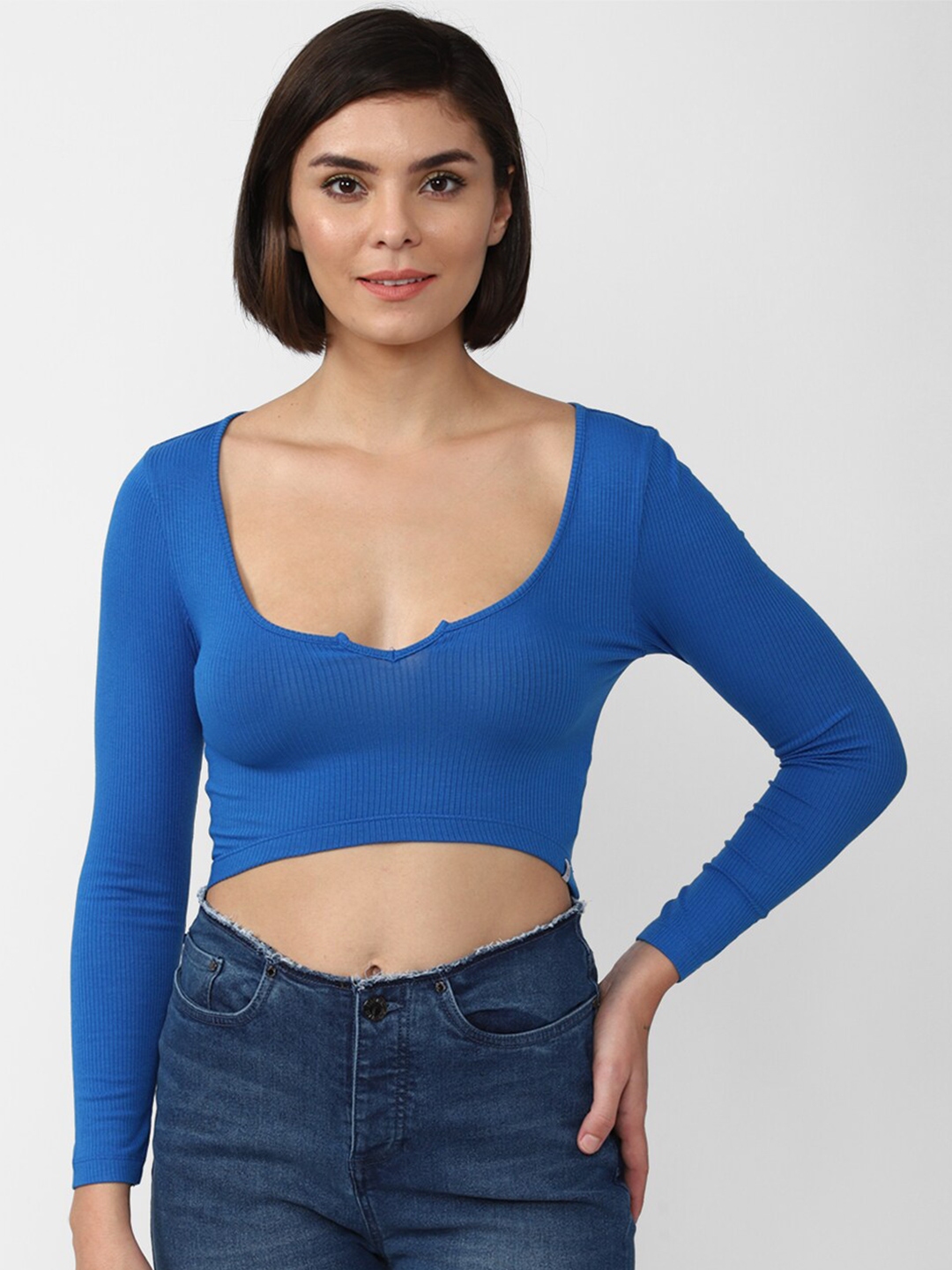 Buy Forever 21 Women Blue Solid Scoop Neck Crop Top Tops For Women