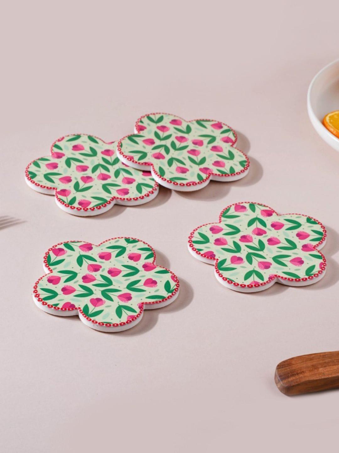 Buy Nestasia Set Of 4 White & Pink Printed Flower Ceramic Coasters ...