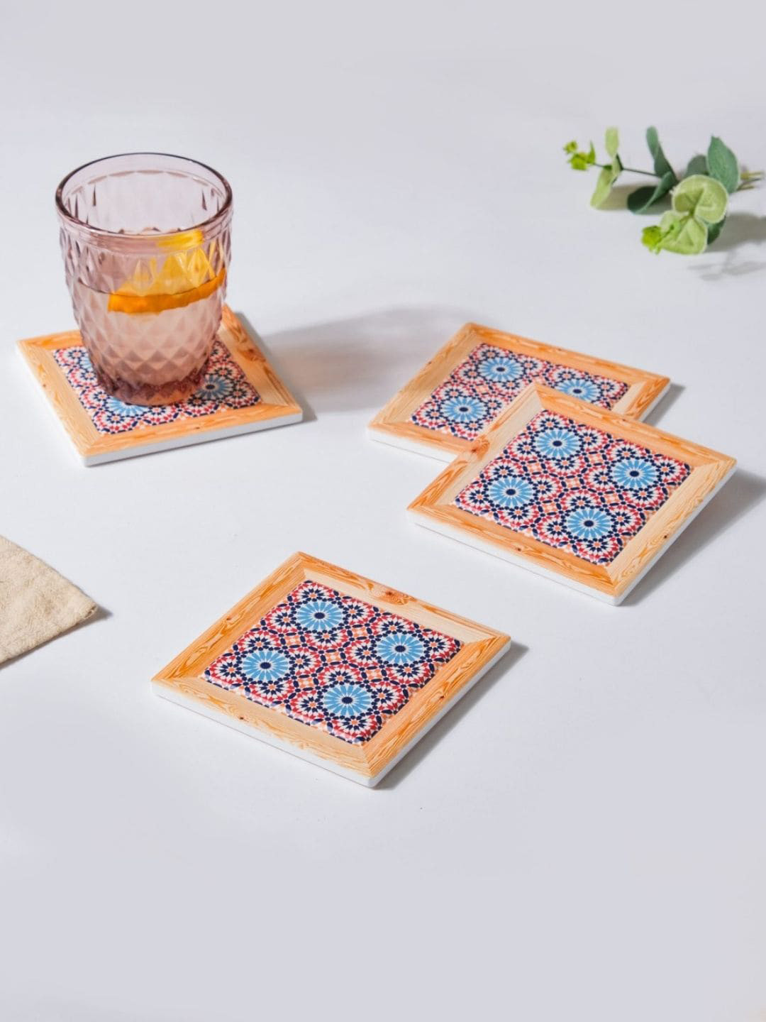 Buy Nestasia Set Of 4 Beige & Blue Printed Ceramic Coasters - Coasters ...