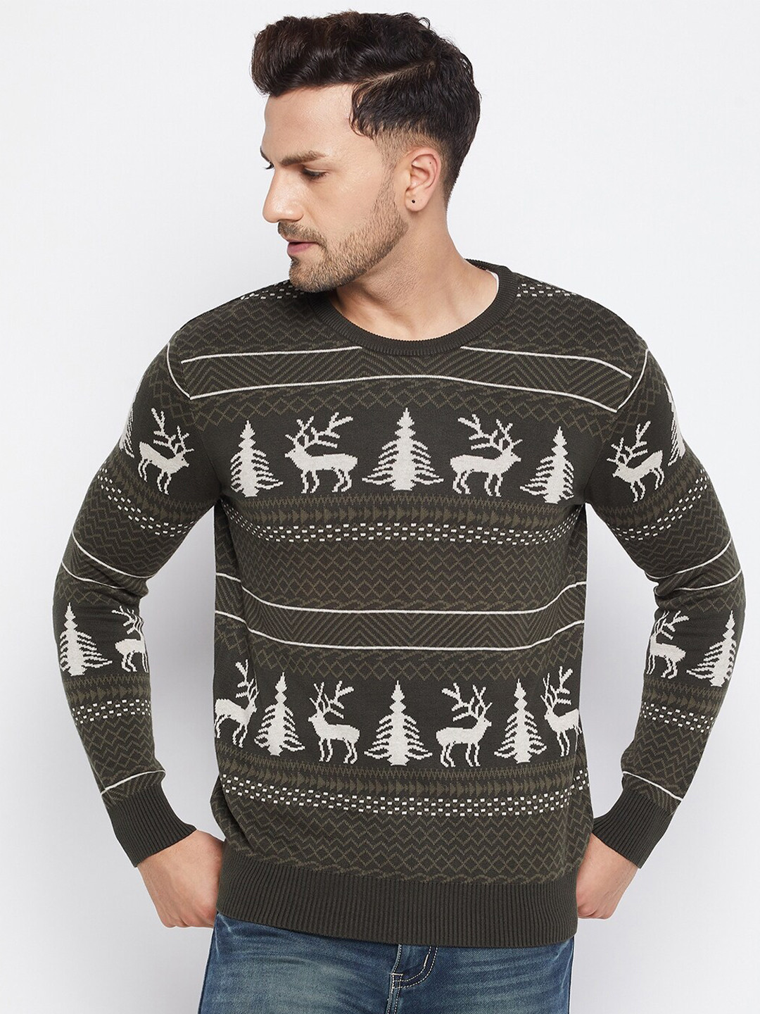 Buy Octave Men Olive Green & White Cable Knit Printed Pullover ...