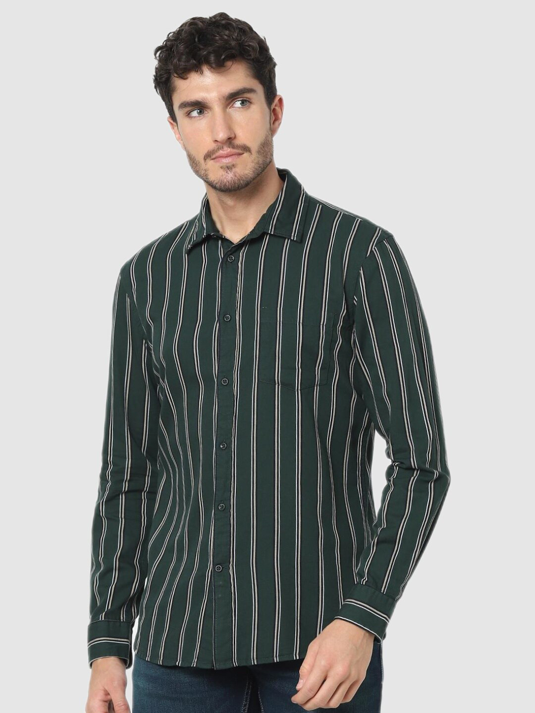 Buy Celio Men Olive Green Striped Cotton Casual Shirt - Shirts for Men ...