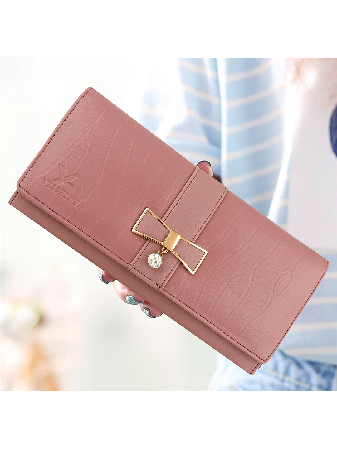 Buy YESSBENZA Women Peach & Gold Toned Bow Detail Two Fold Wallet With ...