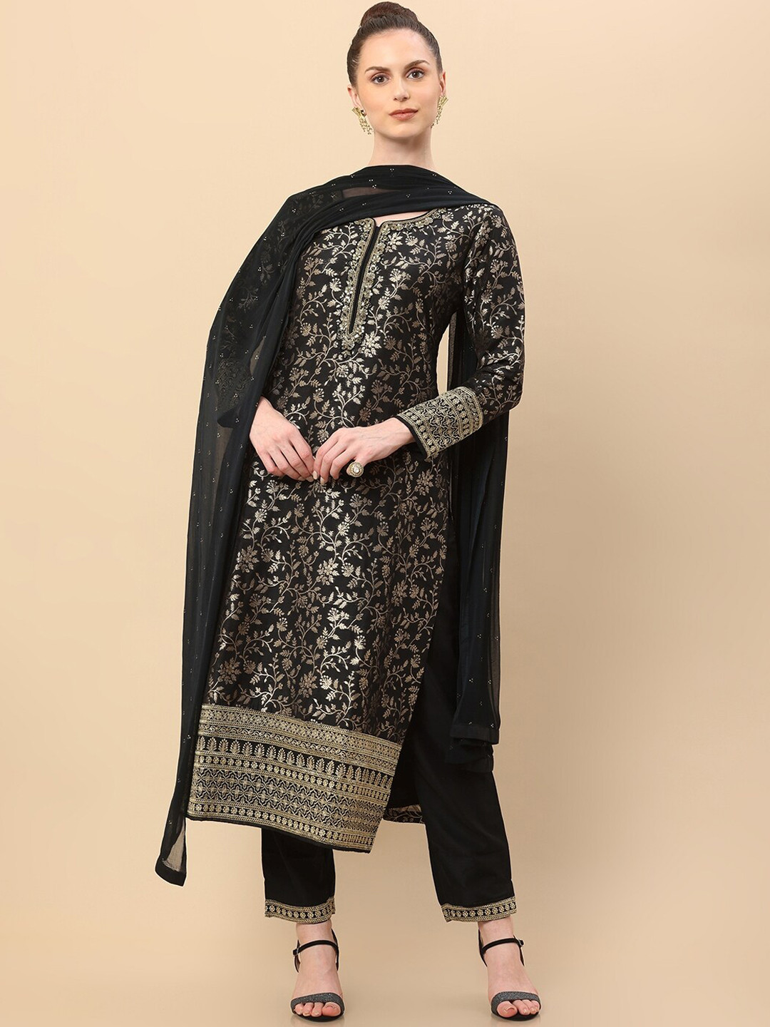 Buy Soch Women Black Floral Beads And Stones Kurta With Trousers & With ...