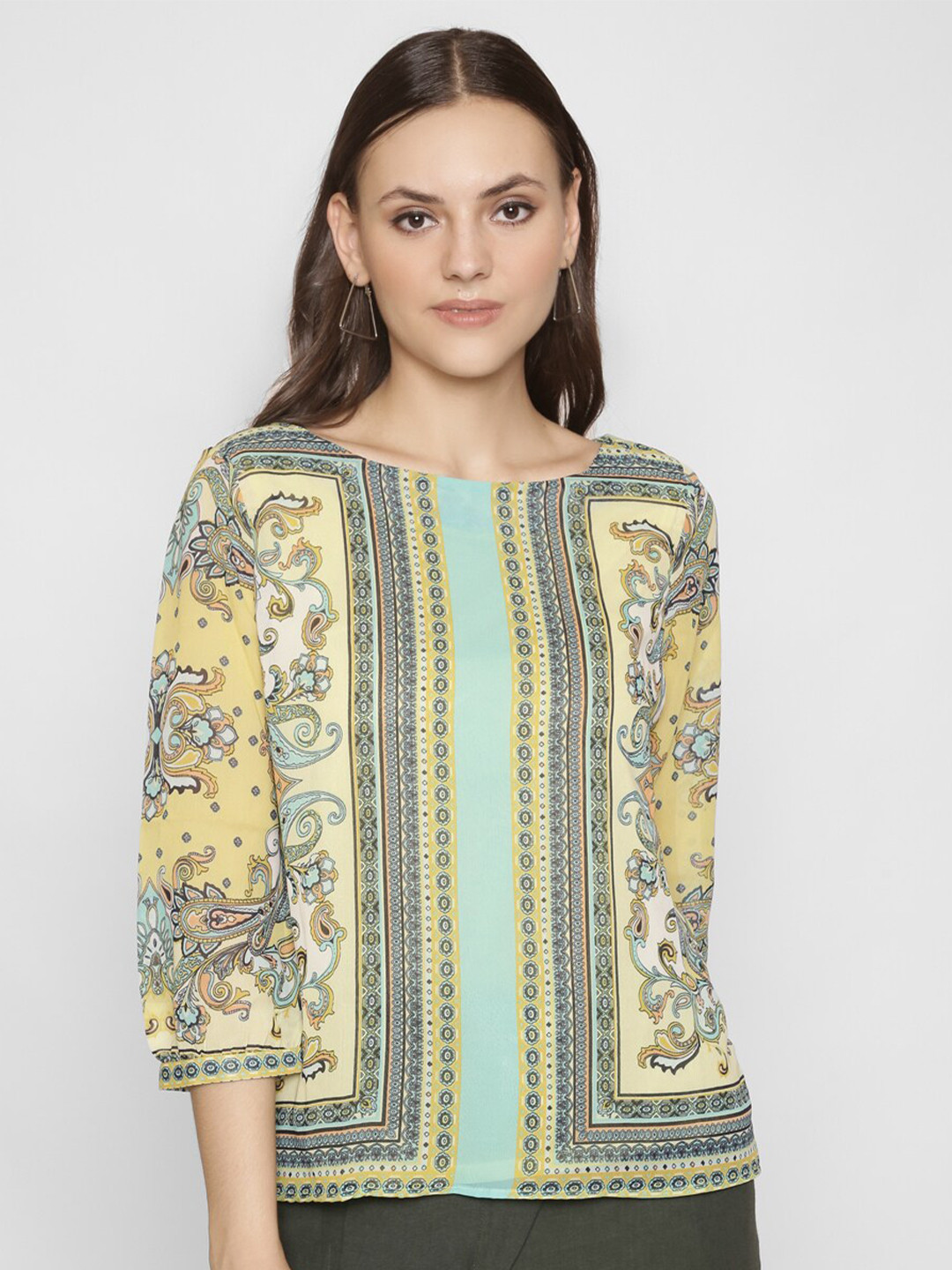 Buy 250 DESIGNS Women Yellow & Blue Ethnic Motifs Print Georgette Top ...