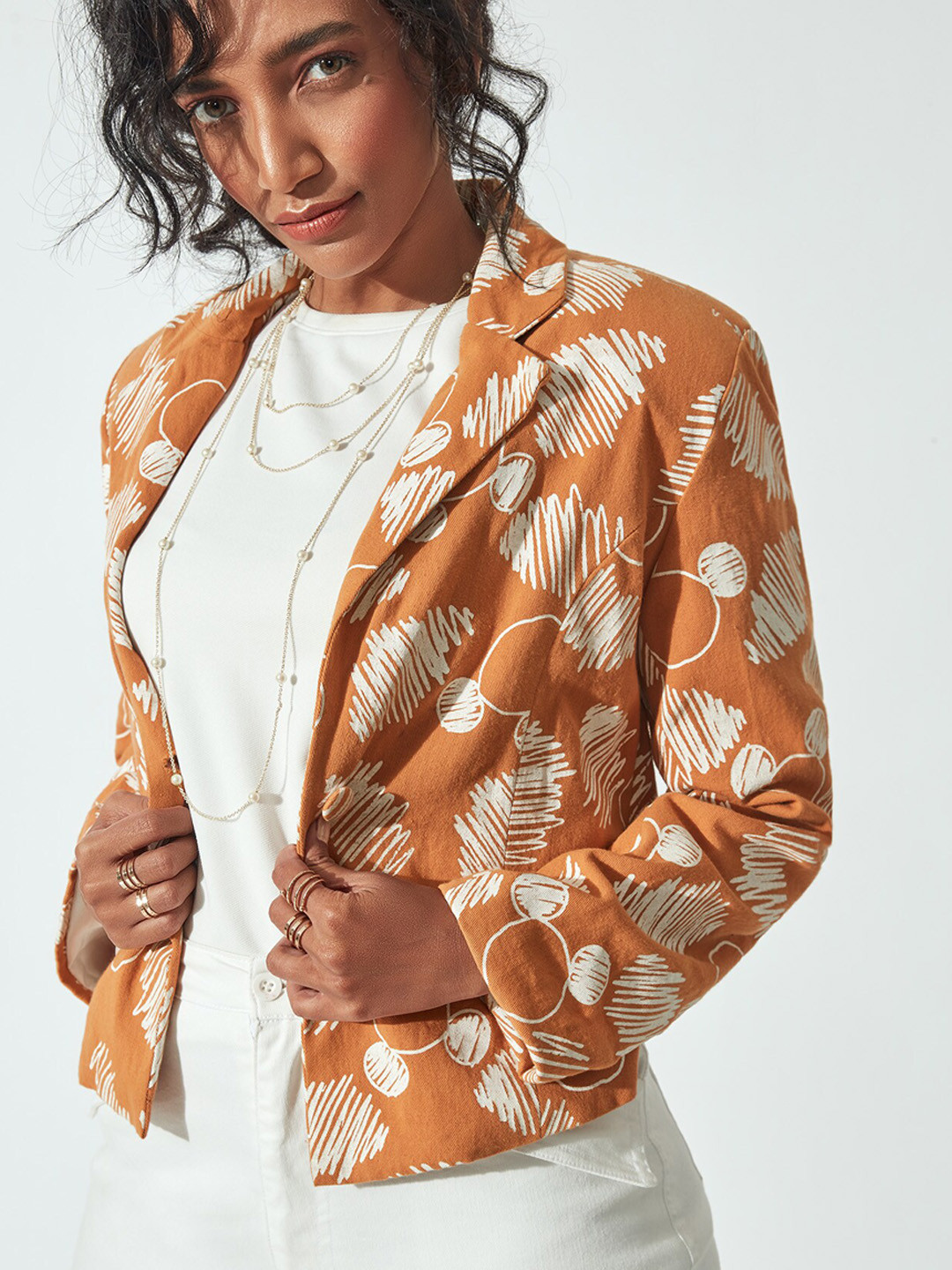 Buy The Label Life Women Rust Colored Printed Front Open Cotton Blazers ...