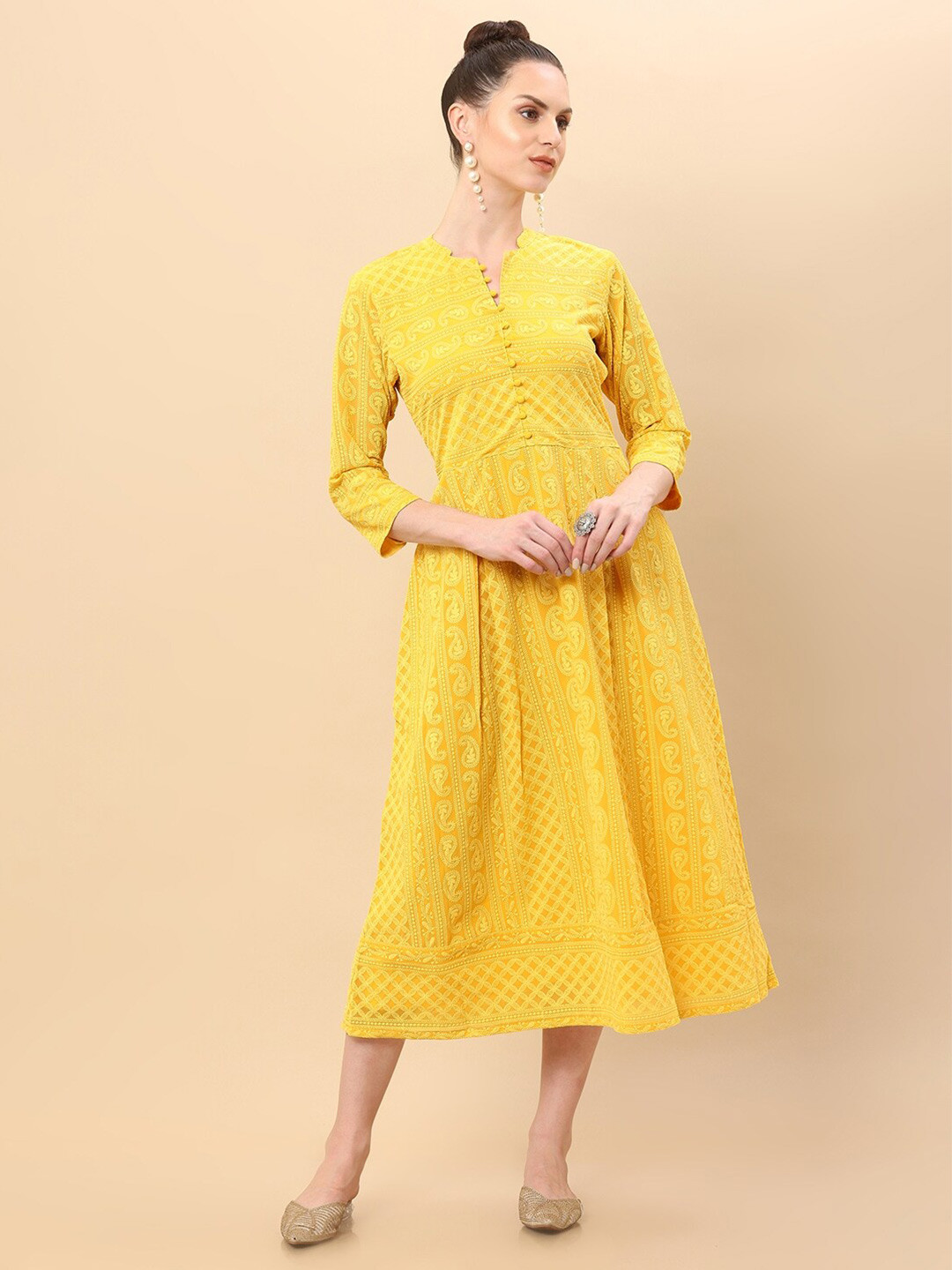 Buy Soch Women Yellow Ethnic Motifs Georgette A Line Midi Dress ...