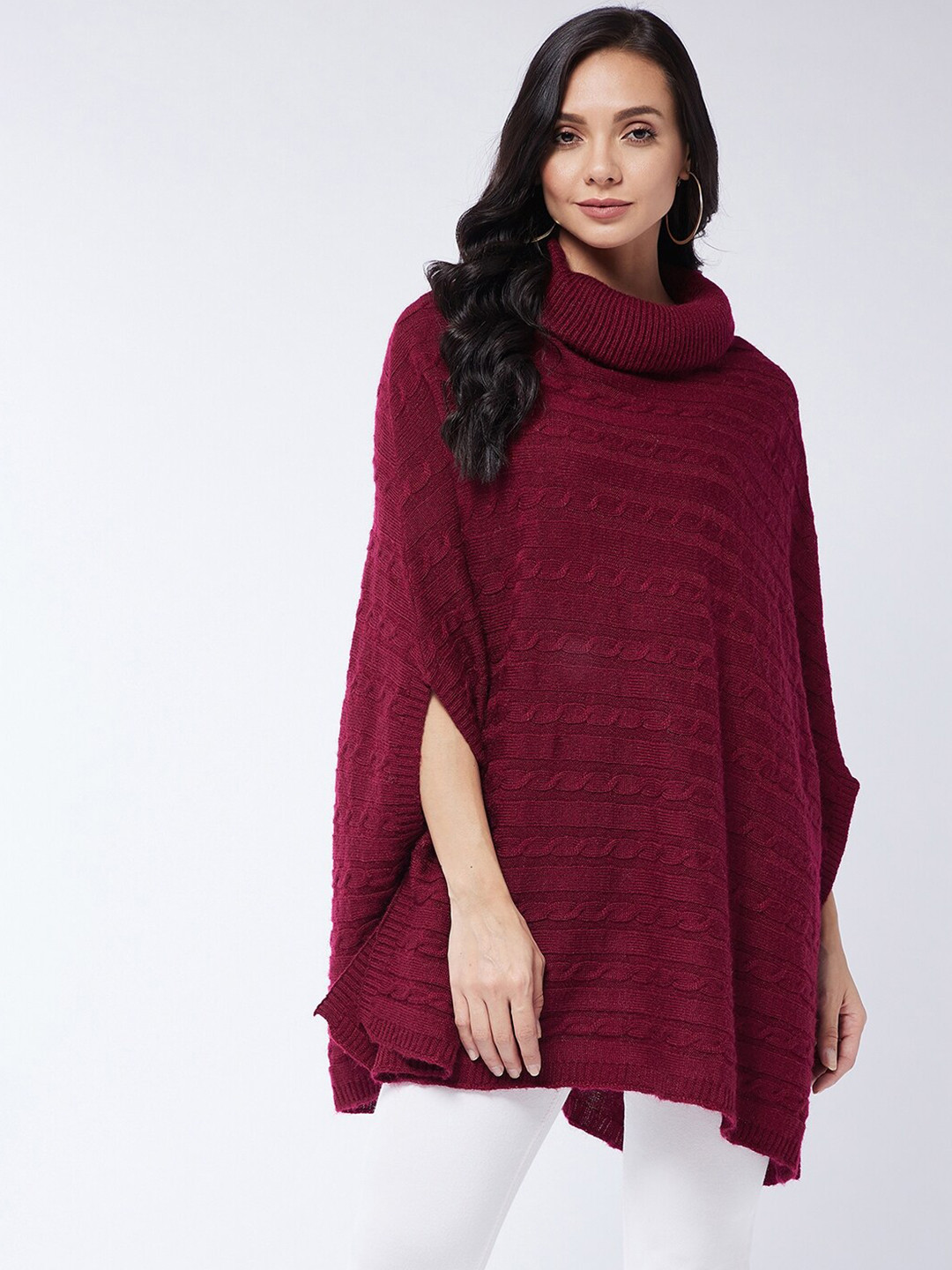 Buy Modeve Women Maroon Woolen Cable Knit Poncho With Fuzzy Detail ...