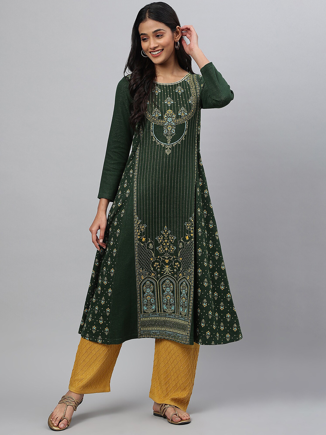 Buy AURELIA Women Green Ethnic Motifs Printed Kurta - Kurtas for Women ...