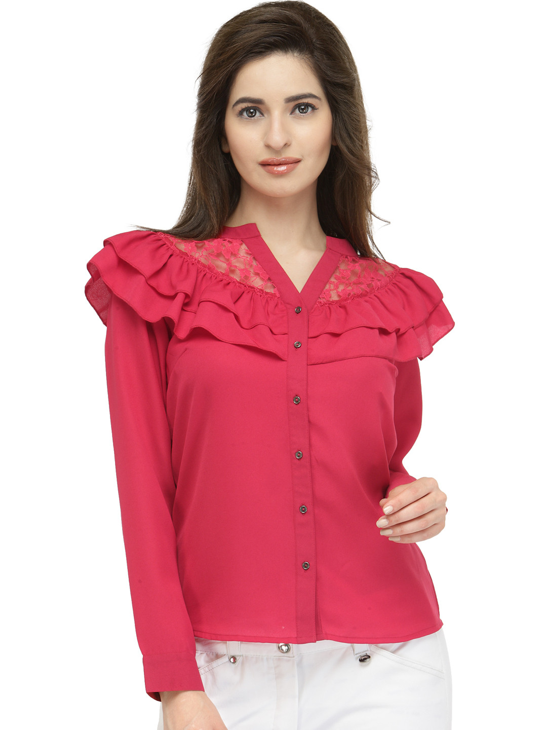 Buy PlusS Women Red Solid Ruffled Shirt Style Pure Cotton Top - Tops ...