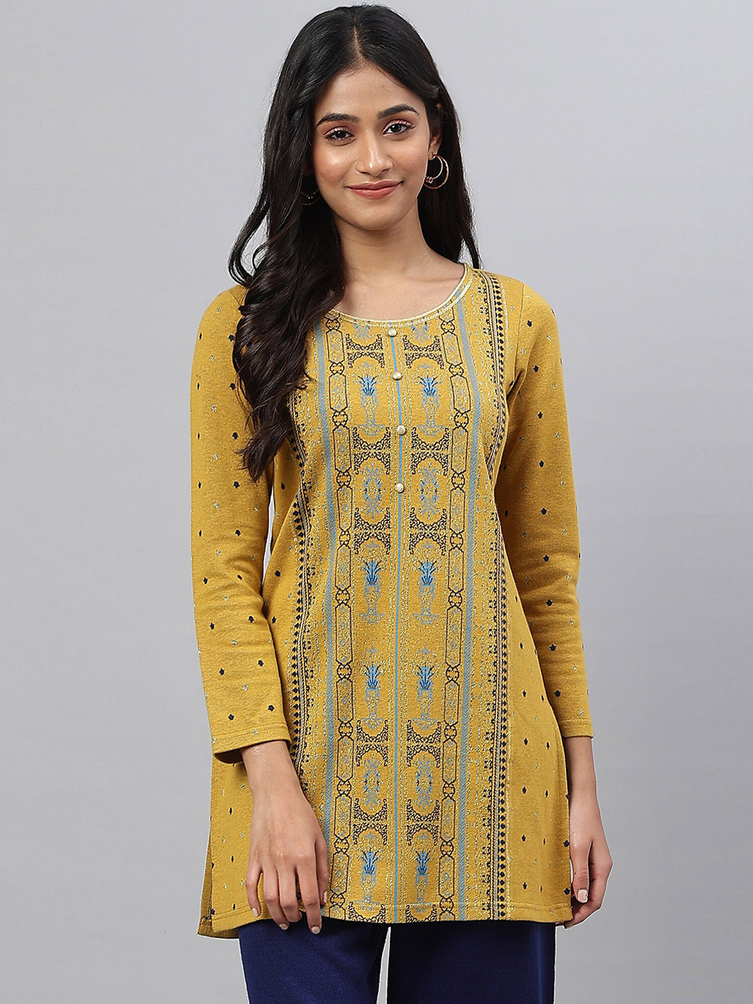 Buy AURELIA Women Yellow & Blue Ethnic Motifs Printed Kurti - Kurtis ...