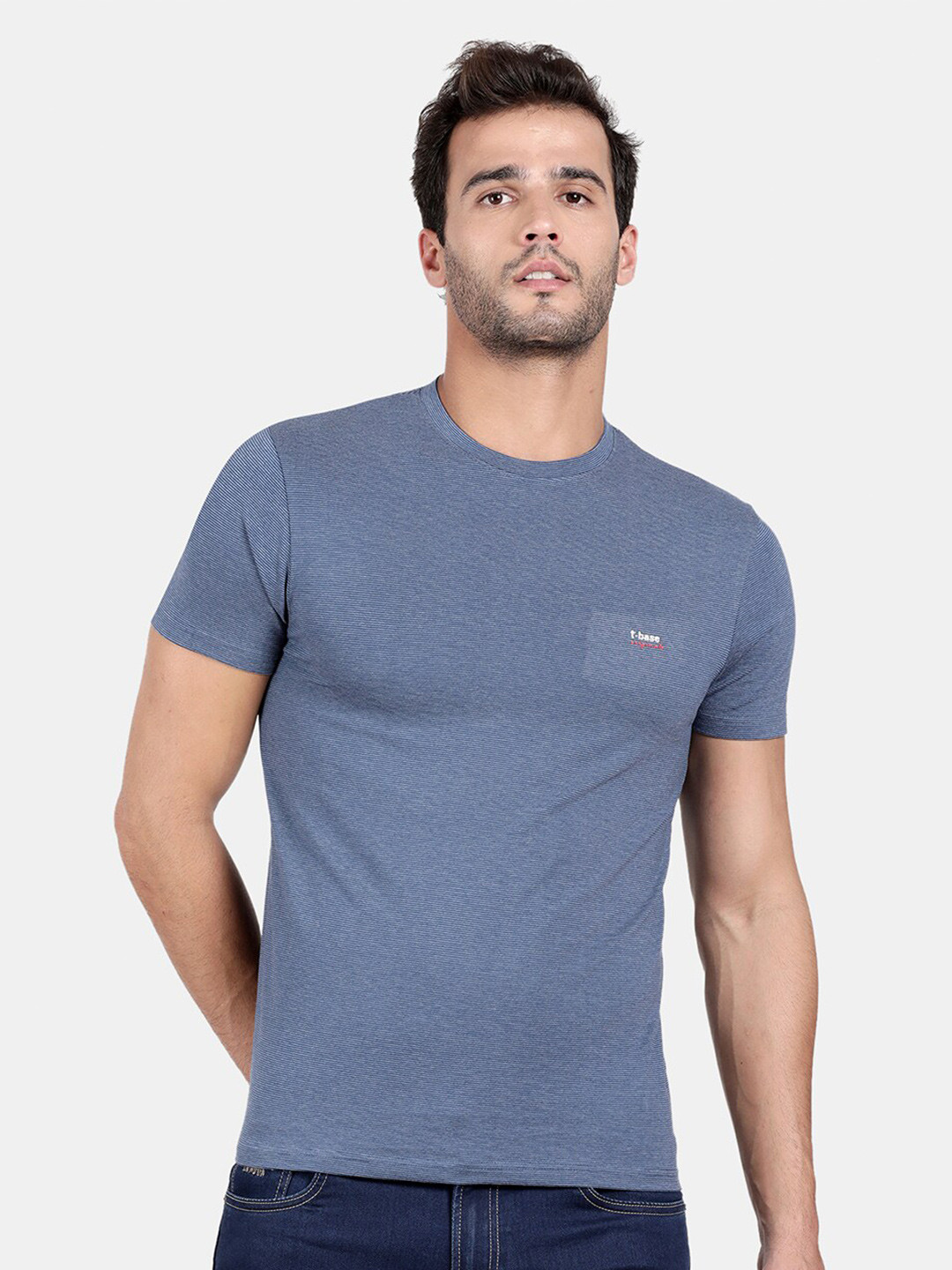 Buy T Base Men Blue Solid Cotton Slim Fit T Shirt - Tshirts for Men ...
