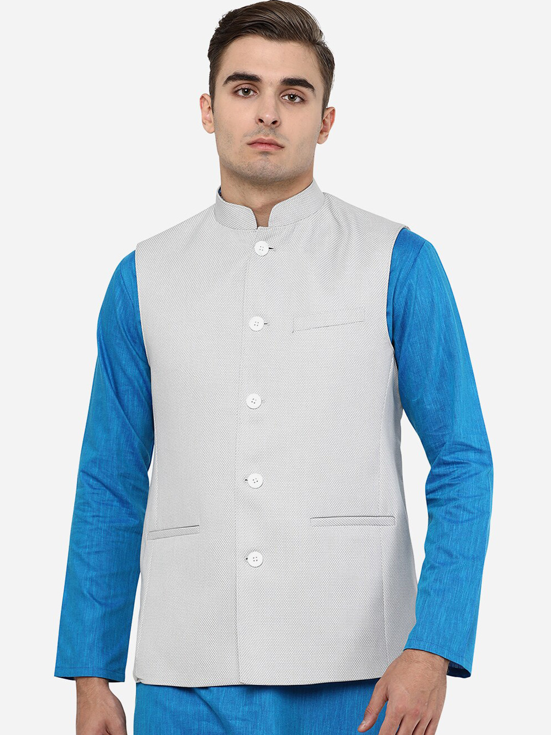 Buy MODI JACKET Men's Light Grey Self Design Regular Fit Terry Wool ...