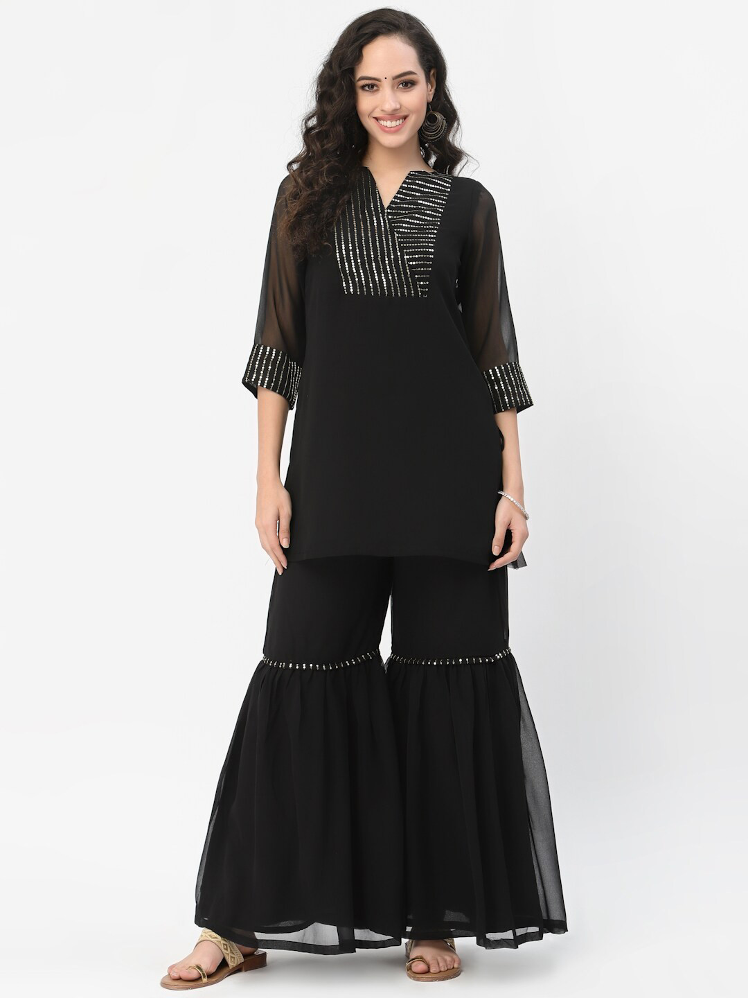 Buy Studio Rasa Women Black Embroidered Sequinned Kurta With Sharara ...