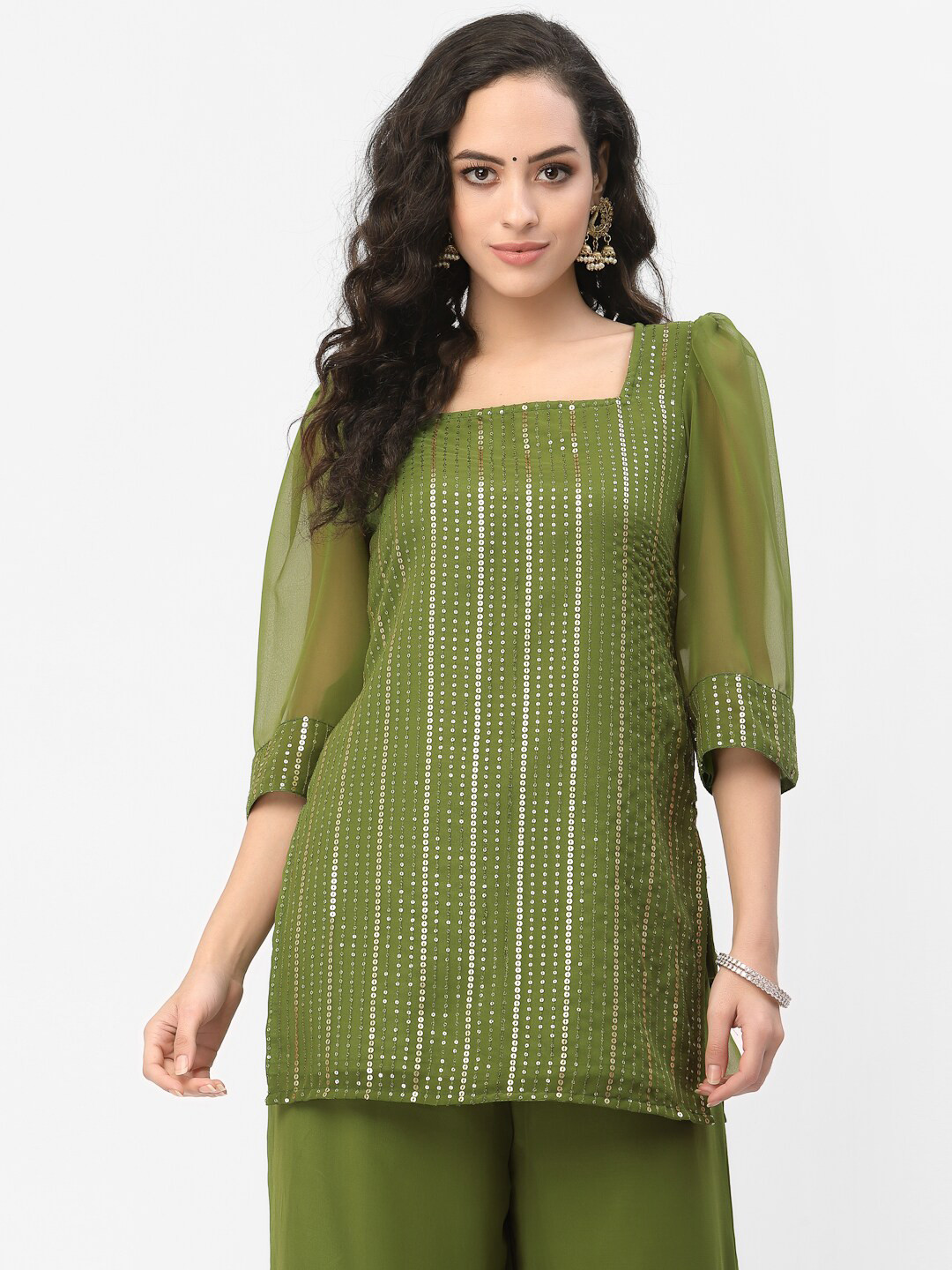 Buy Studio Rasa Green Embellished Square Neck Sequinned Sequinned Kurti ...