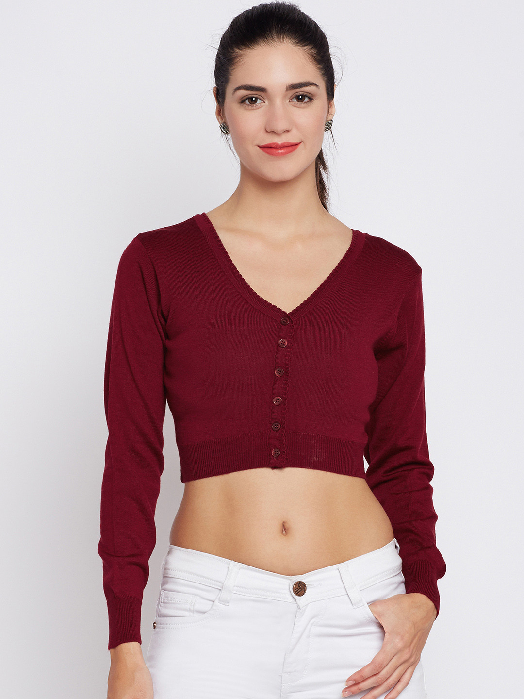 Buy Monte Carlo Women Maroon Solid Crop Cardigan - Sweaters for Women ...