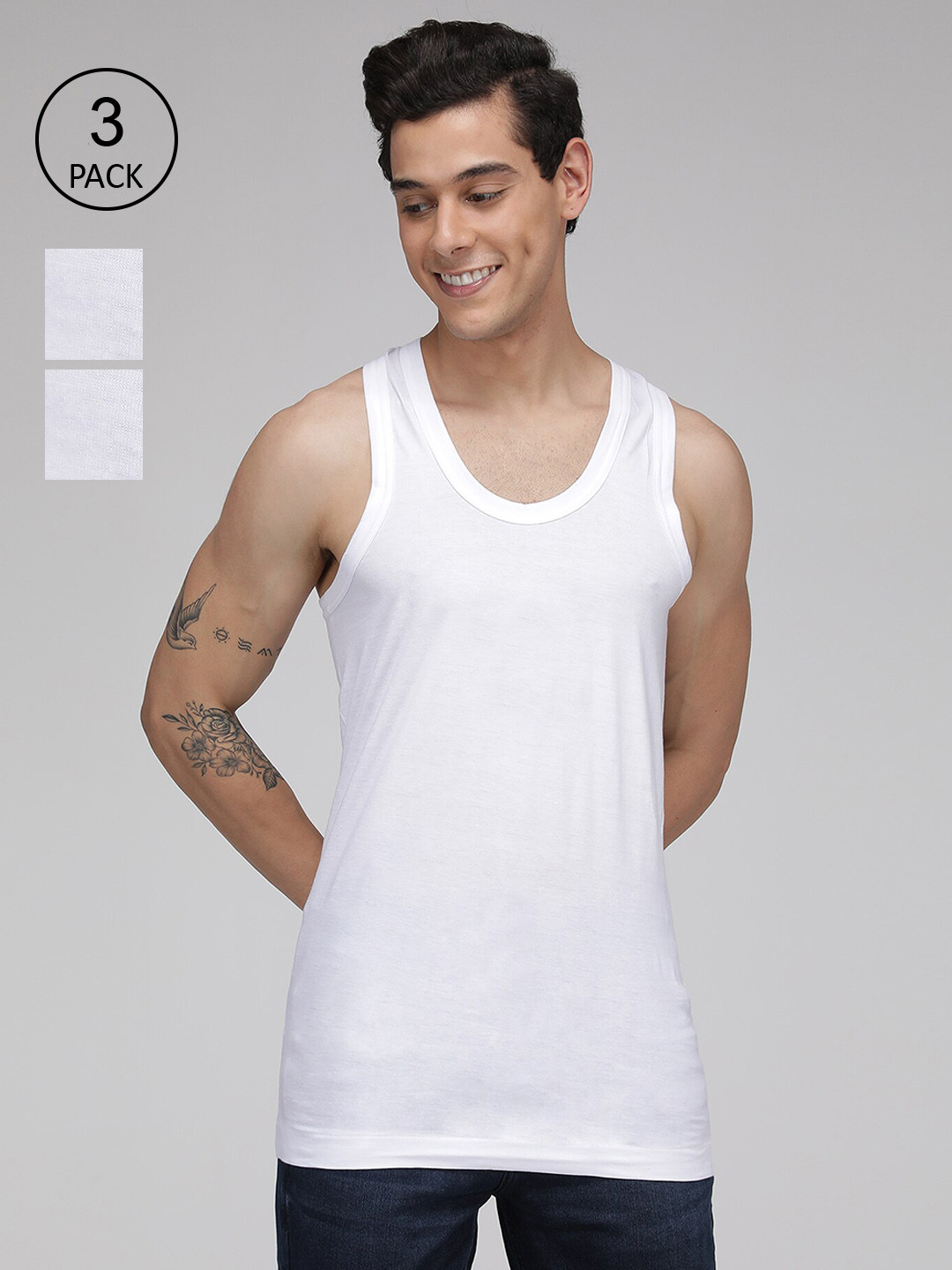 Buy SPORTO Men Pack Of 3 White Solid Pure Cotton Undershirt Vests ...