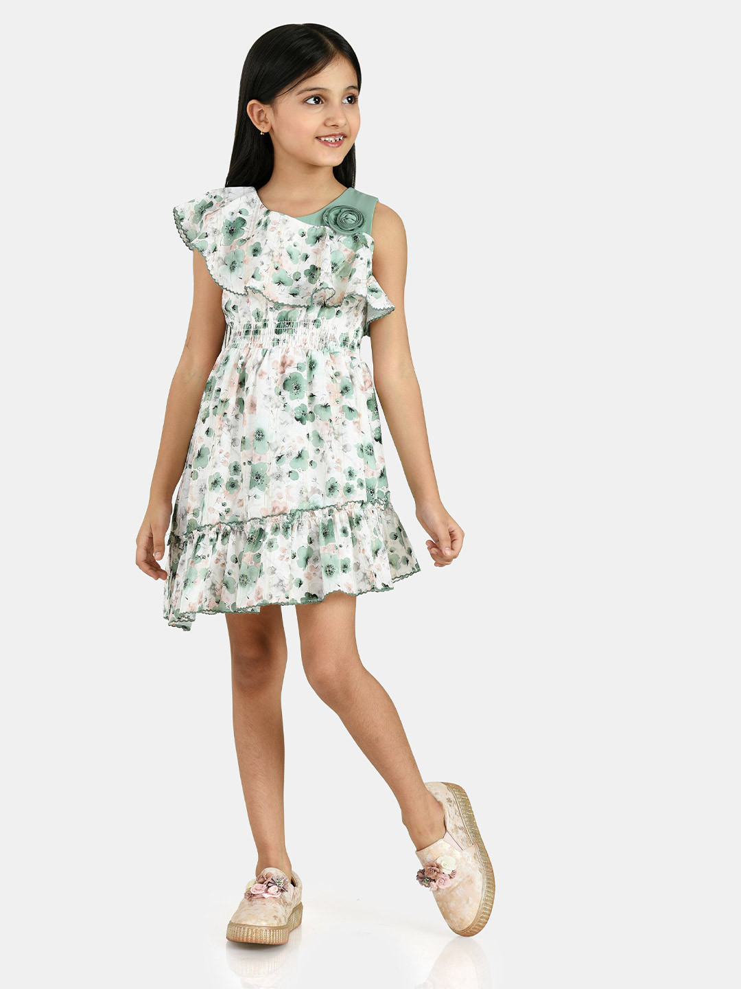 Buy Peppermint Green & White Floral Printed Pure Cotton A Line Dress ...