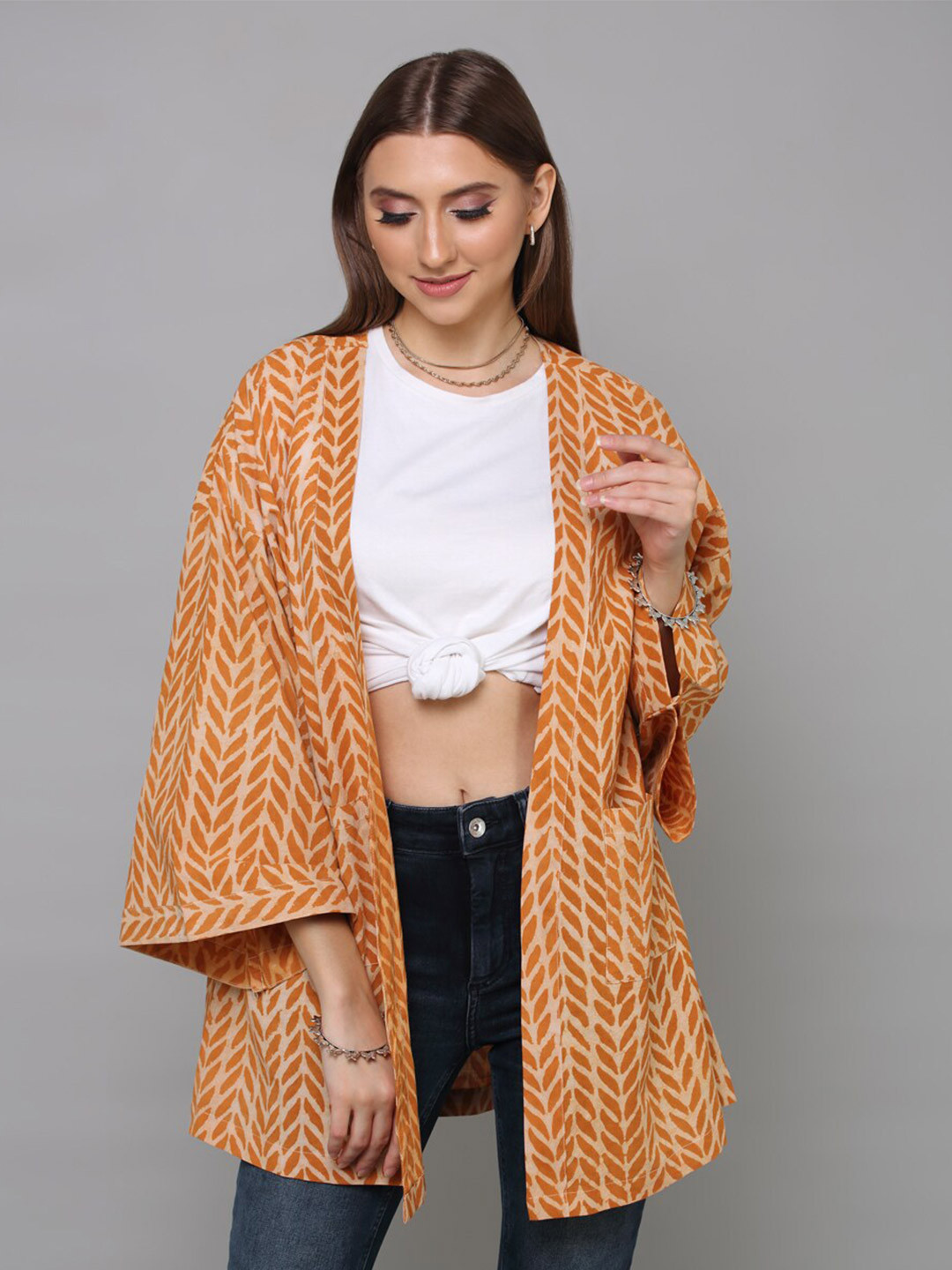 Buy Aturabi Women Mustard & Beige Printed Shrug - Shrug for Women ...