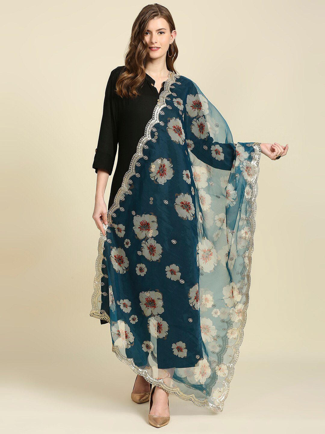 Buy Dupatta Bazaar Women Teal & White Printed Organza Dupatta - Dupatta ...