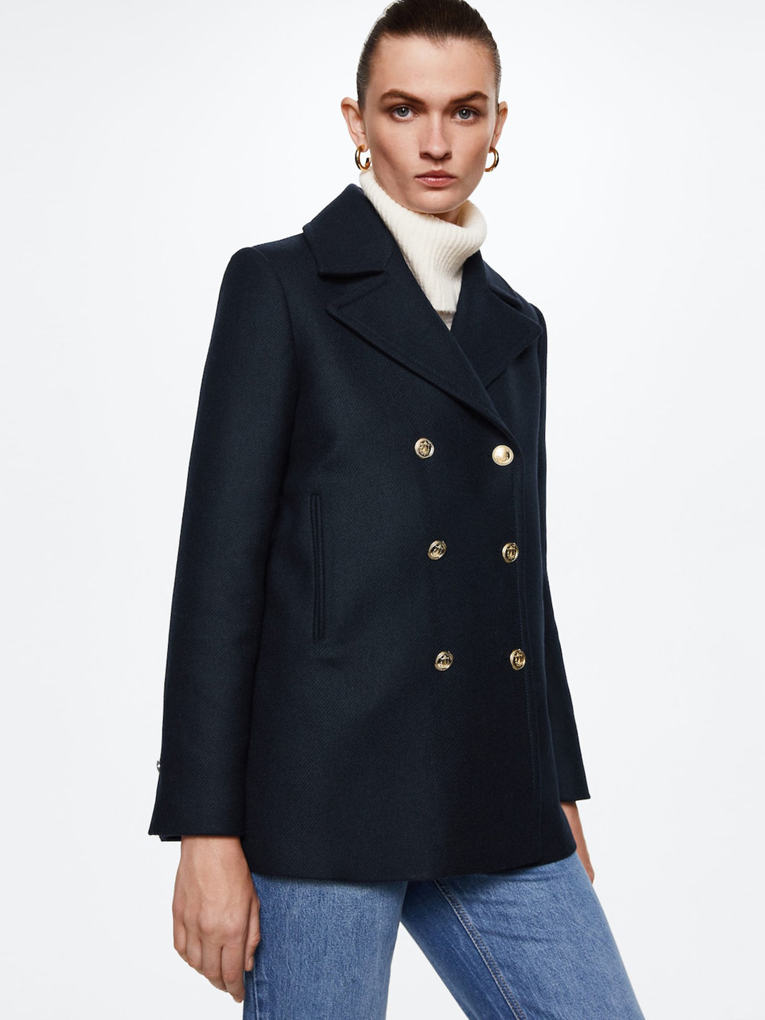 Buy MANGO Women Navy Blue Solid Sustainable Coat With Gold Buttons ...
