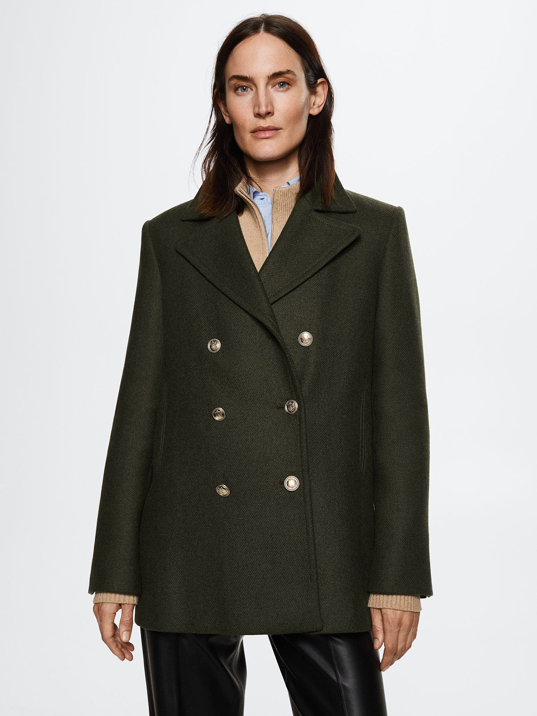 Buy MANGO Women Olive Green Twill Double Breasted Sustainable Overcoat ...