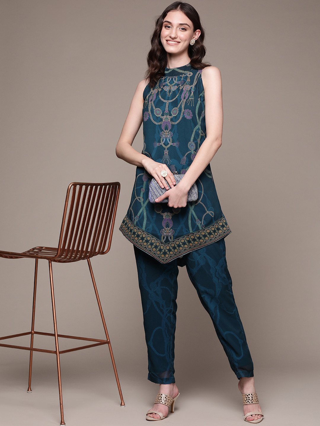 Buy Aarke Ritu Kumar Women Teal Printed Kurta With Trousers - Kurta ...