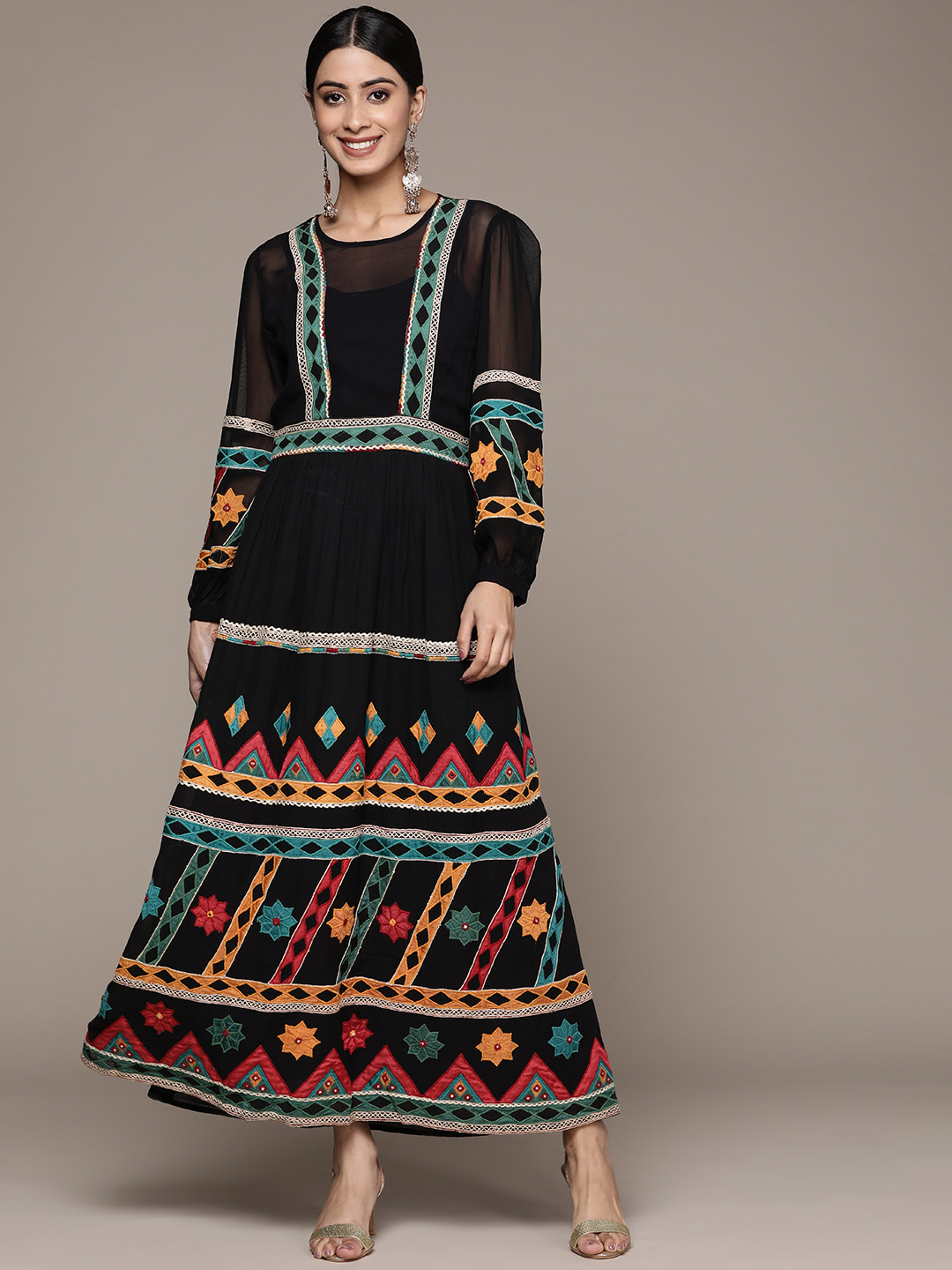 Buy Ritu Kumar Woman Embroidered Crepe Ethnic A Line Maxi Dress ...