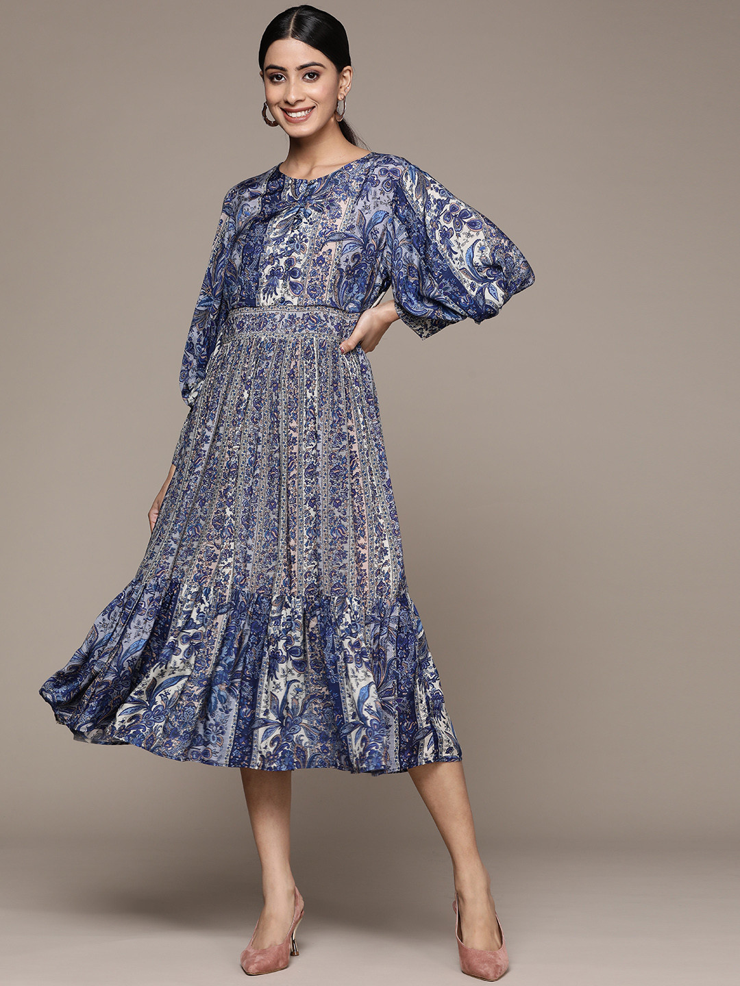 Buy Ritu Kumar Blue Floral A Line Midi Dress - Dresses for Women ...