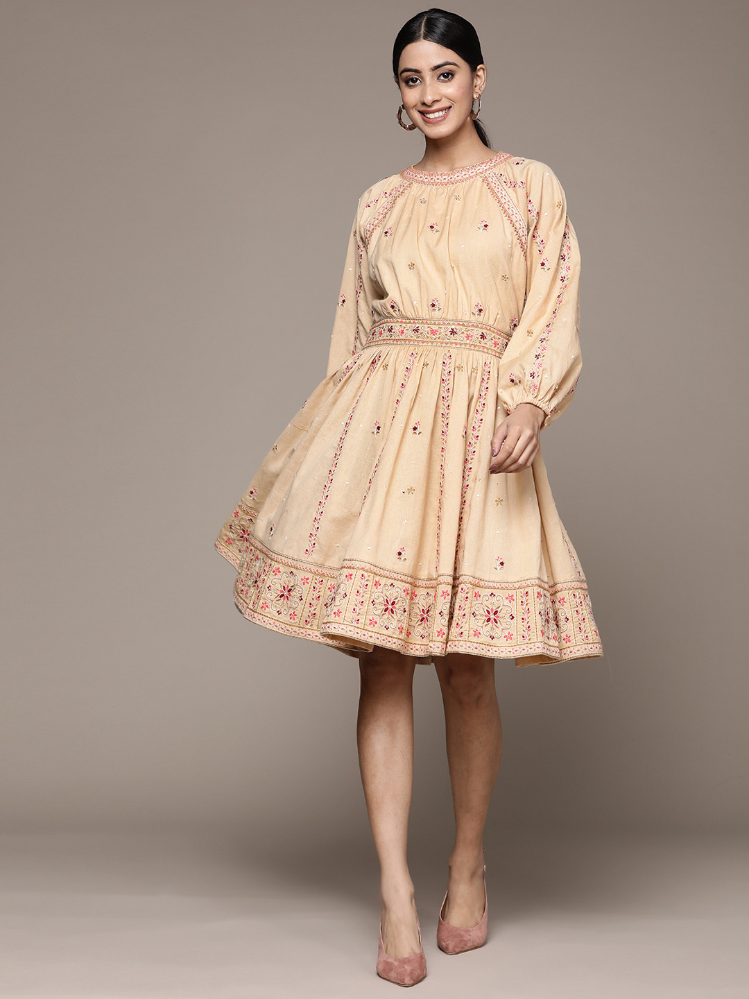 Buy Ritu Kumar Beige Floral Embroidered Dress - Dresses for Women ...