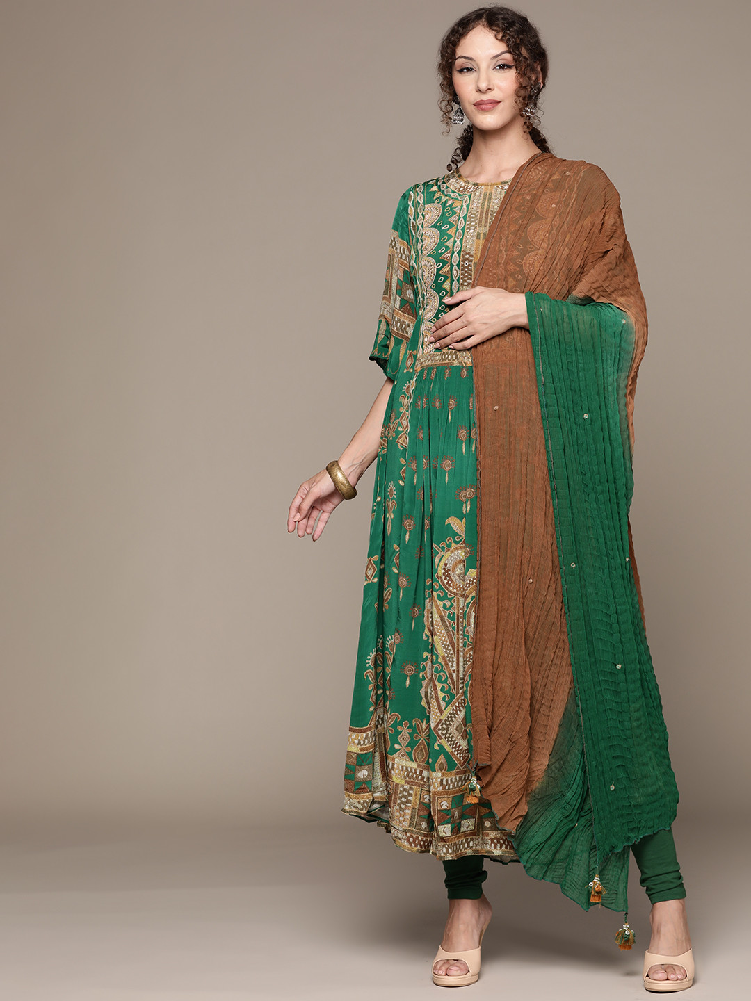 Buy Ritu Kumar Women Green Ethnic Motifs Printed Thread Work Kurta Set ...