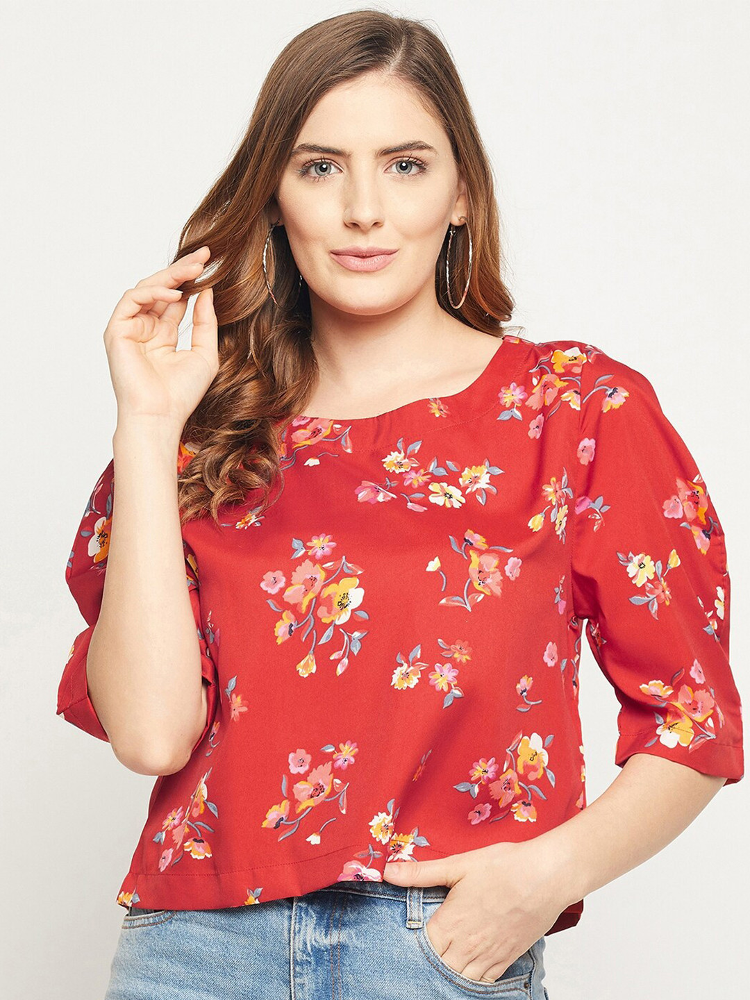 Buy Ruhaans Women Red & Pink Floral Print Crepe Top - Tops for Women ...