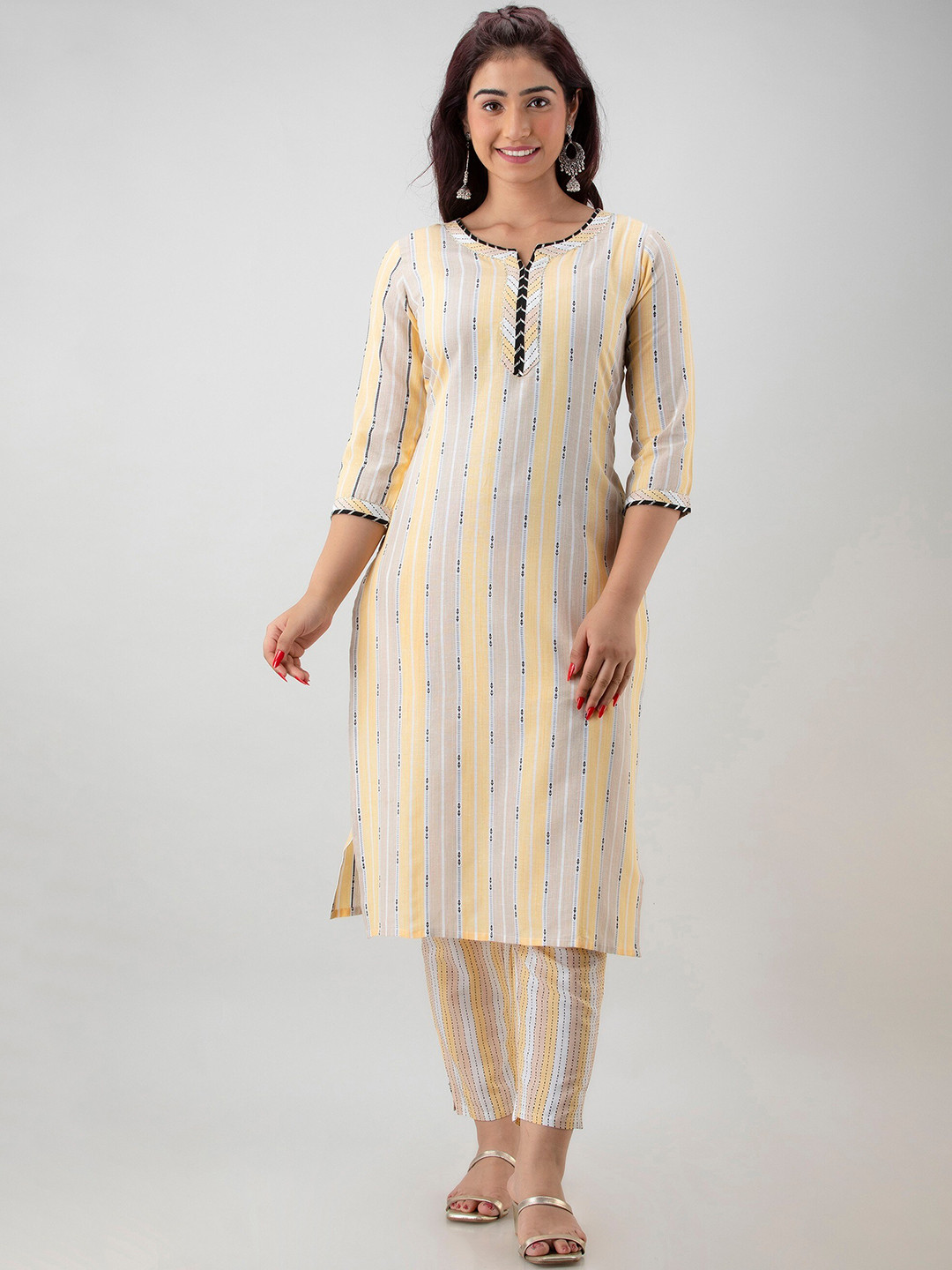 Buy CKM Women Cream Coloured Striped Kurta With Trousers & With Dupatta ...