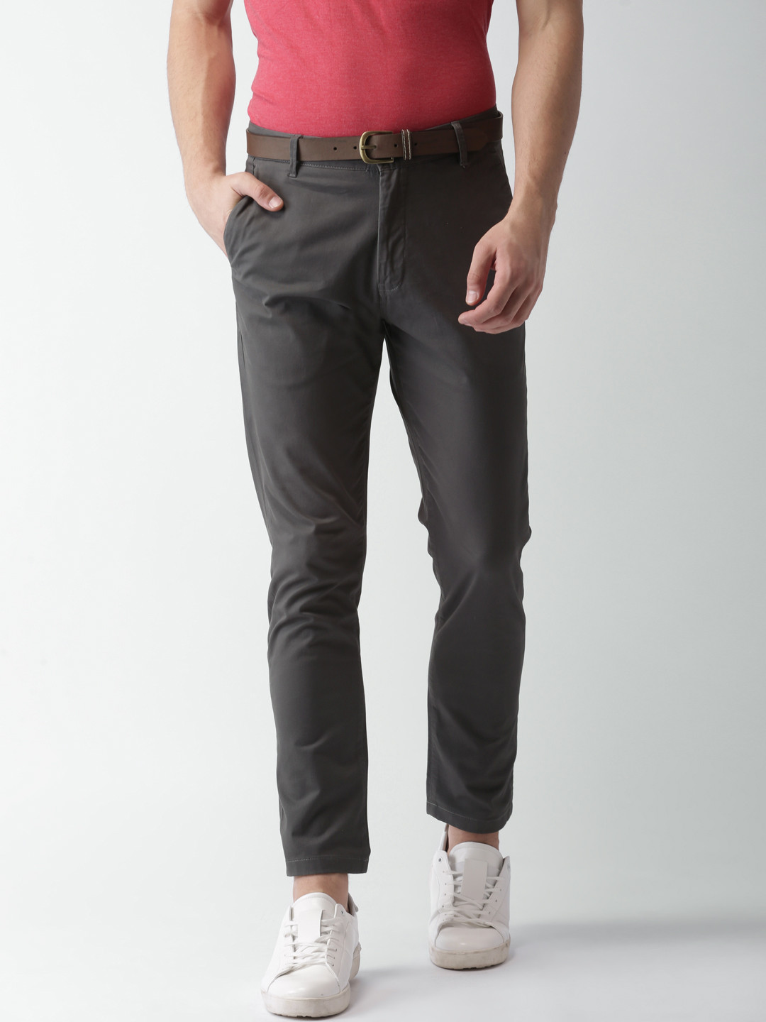 Buy Mast & Harbour Men Grey Slim Fit Striped Chinos - Trousers for Men ...