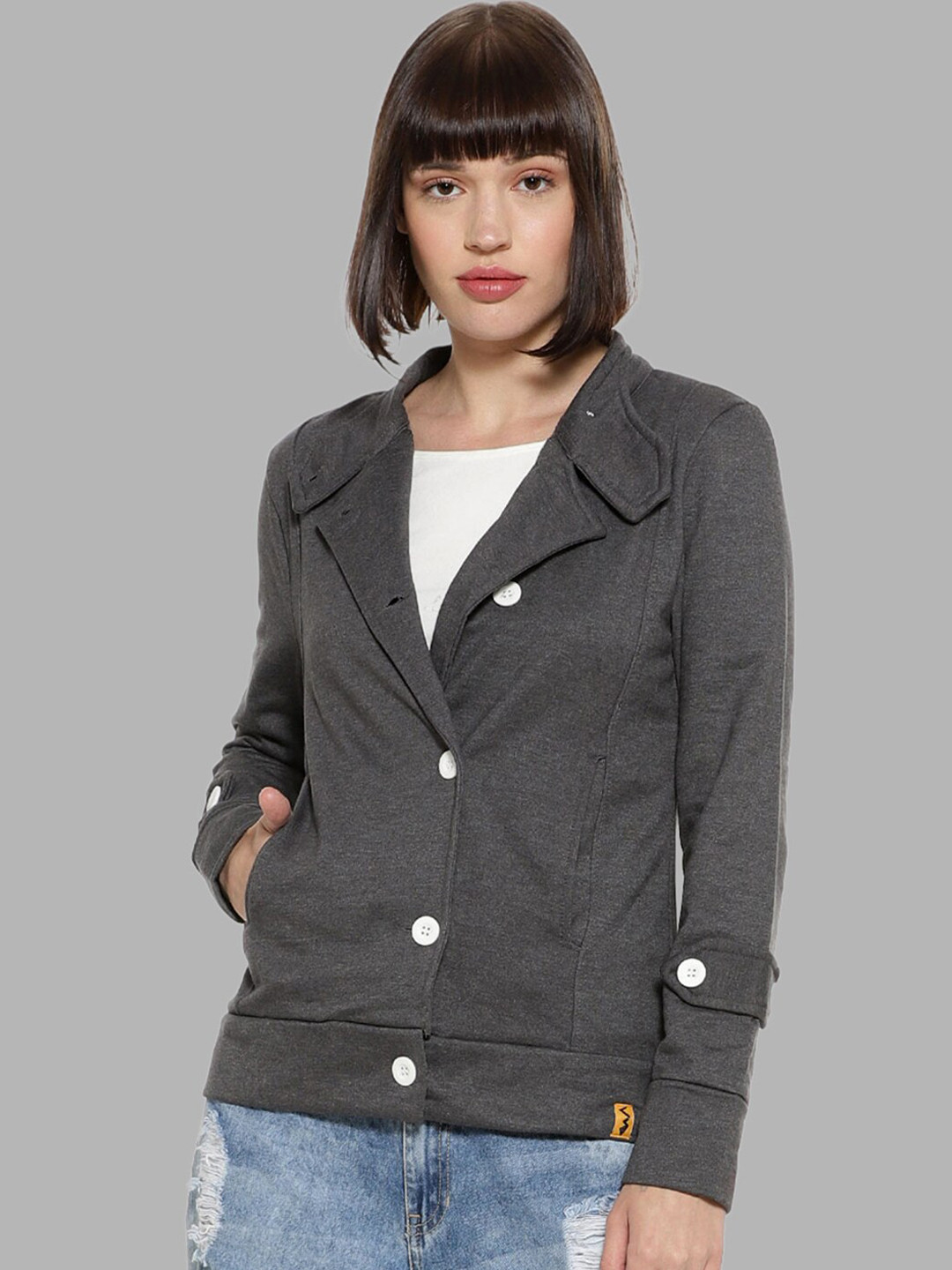 Buy Campus Sutra Women Charcoal Windcheater Outdoor Tailored Jacket ...