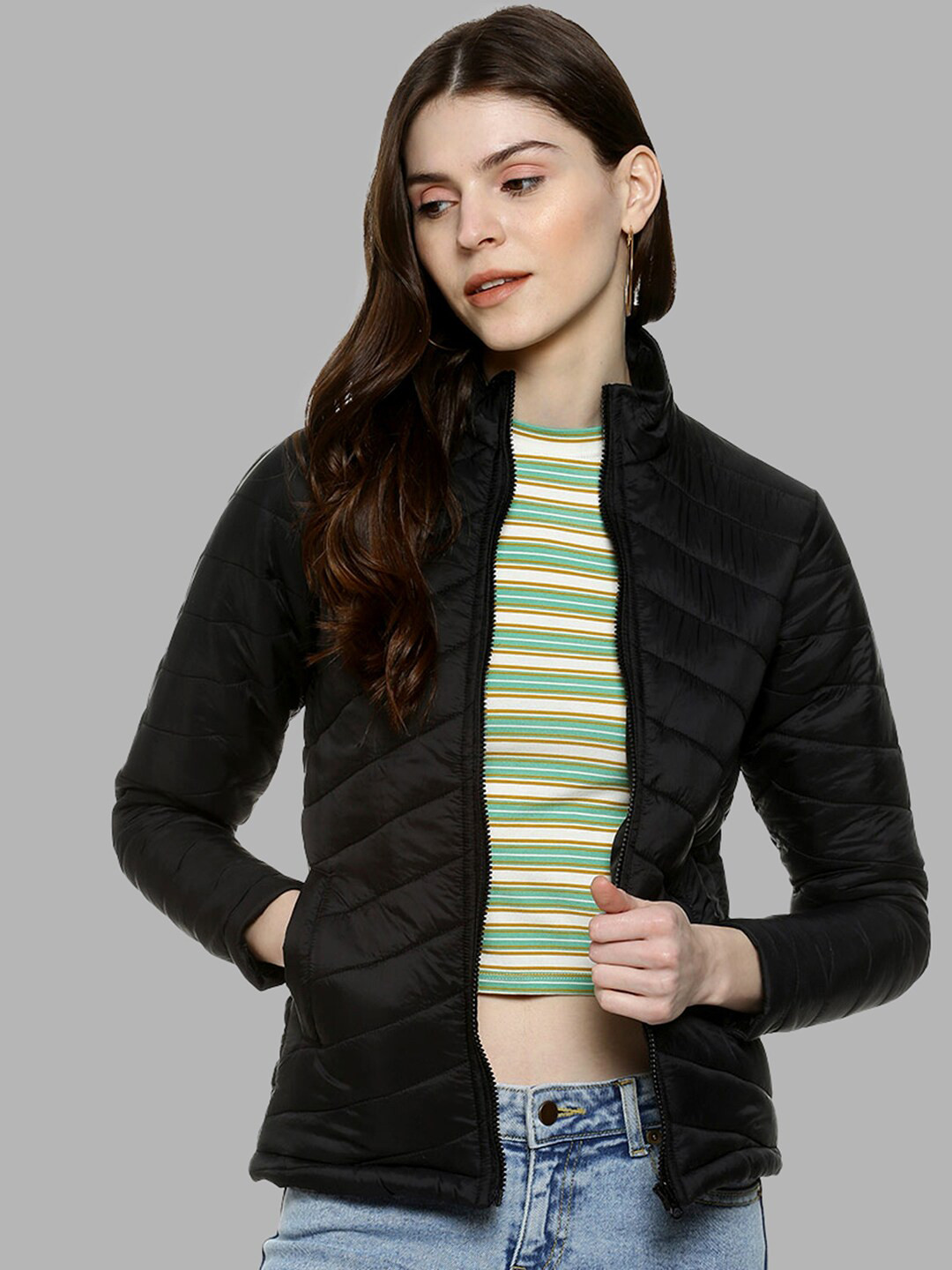 Buy Campus Sutra Women Black Windcheater Longline Outdoor Puffer Jacket ...