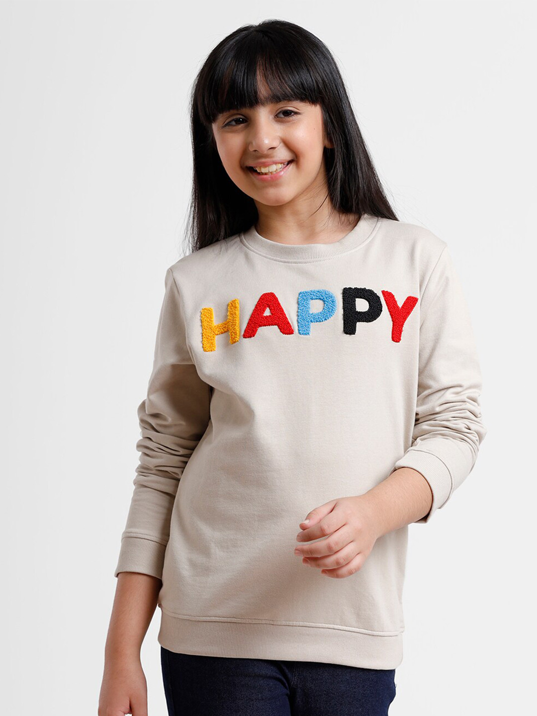 Buy De Moza Girls Cream Coloured Embroidered Cotton Sweatshirt ...