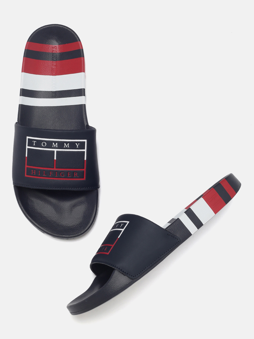 Buy Tommy Hilfiger Men Navy Blue & White Printed Open Toe Sliders ...