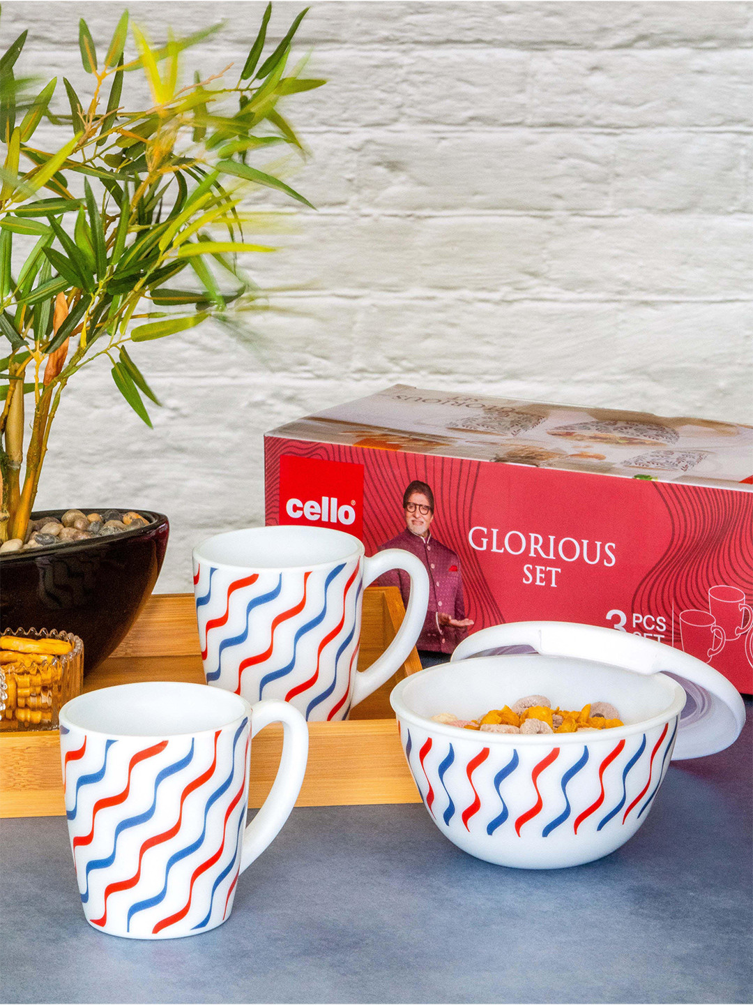 Buy Cello 3 Pieces White & Blue Printed Opalware Glossy Mug And Bowl ...