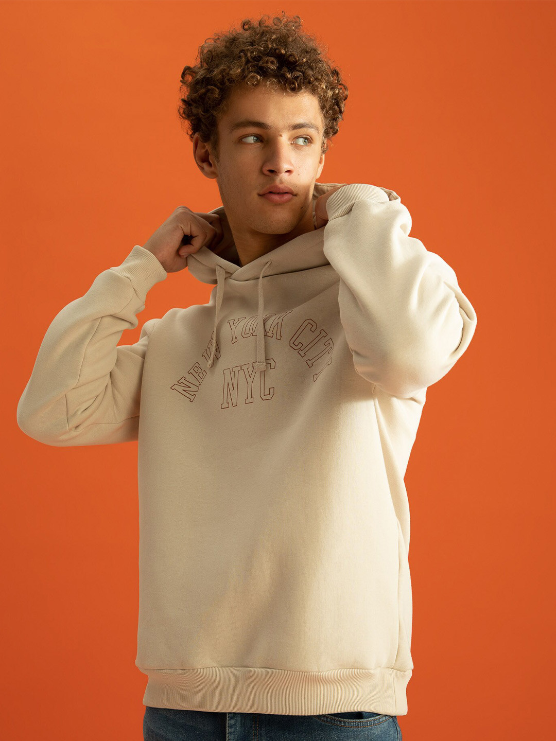 Buy DeFacto Men Cream Coloured Printed Hooded Sweatshirt - Sweatshirts ...