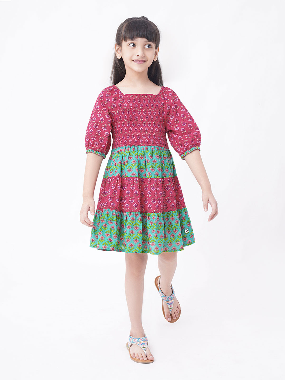 Buy Ed A Mamma Girls Pink & Green Floral A Line Dress - Dresses for ...