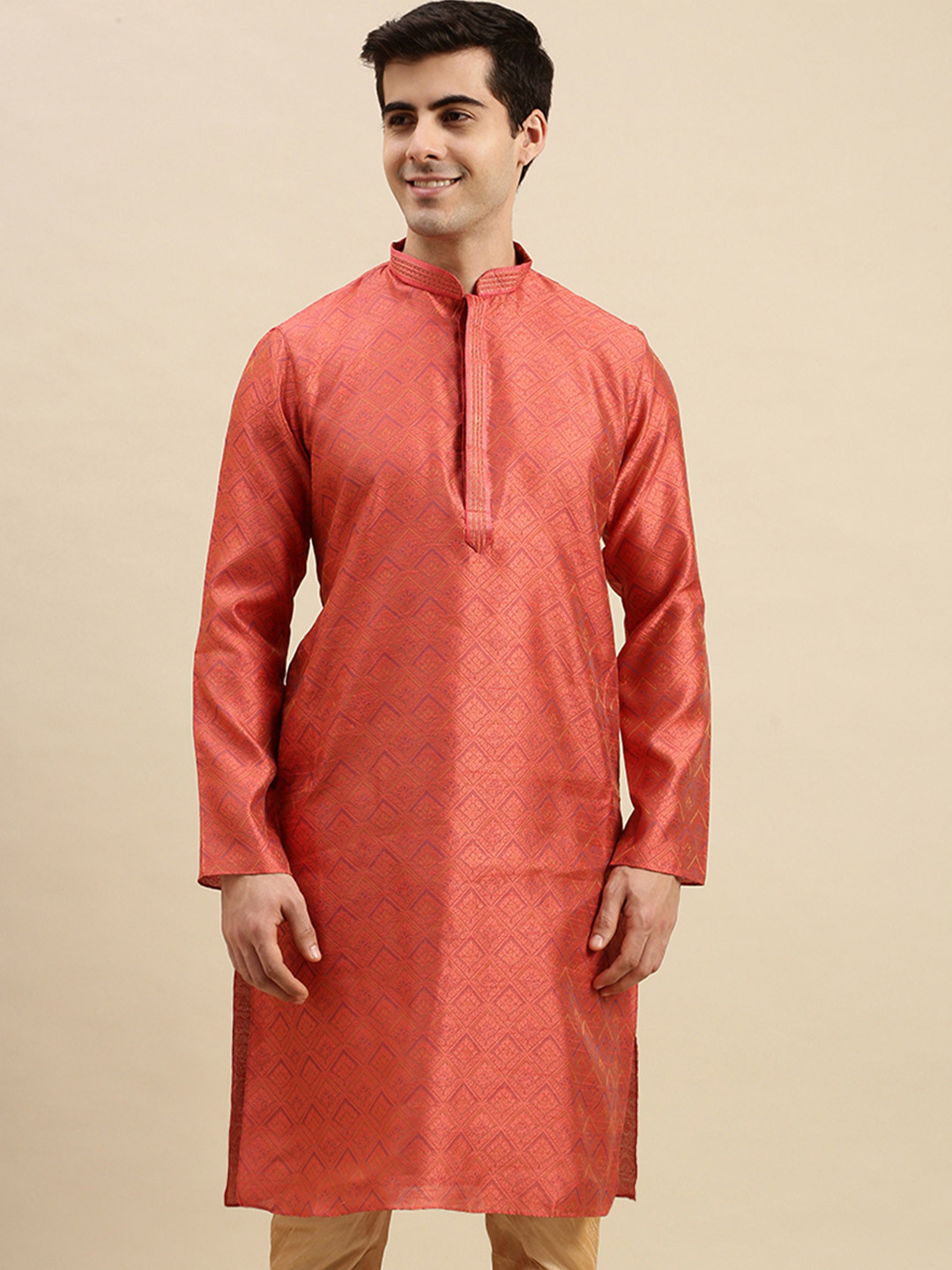 Buy Sanwara Men Coral Ethnic Motifs Pastels Kurta - Kurtas for Men ...
