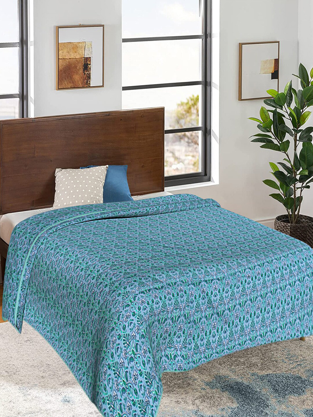 Buy Kuber Industries Green & Blue Floral AC Room 300 GSM Double Bed ...